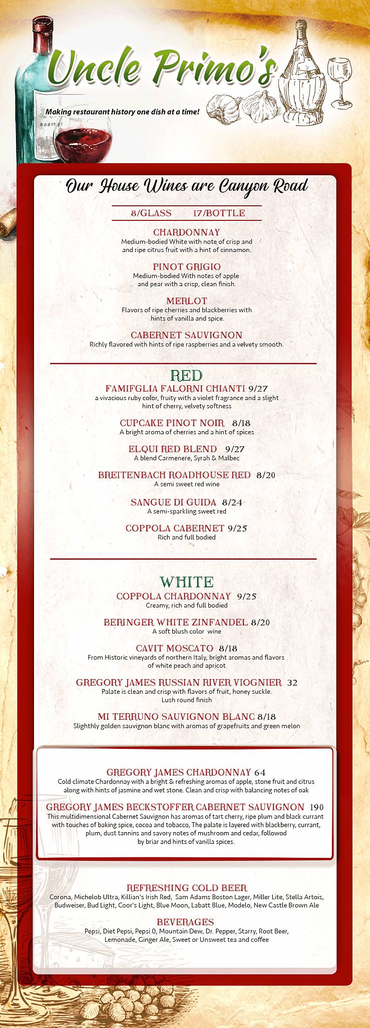 Menu at Uncle Primo's steakhouse, New Philadelphia