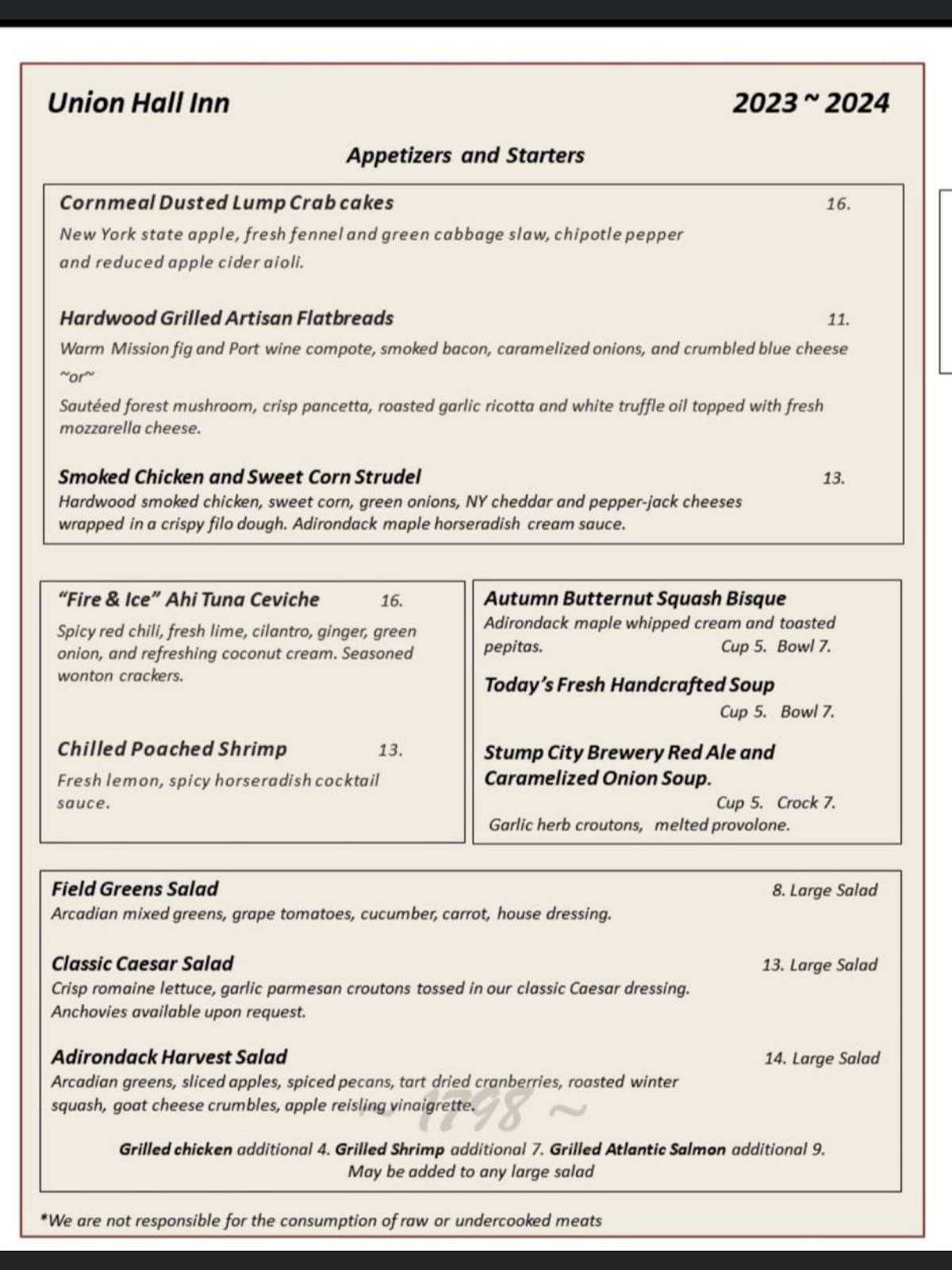 Menu at Union Hall Inn Restaurant & Catering, Johnstown