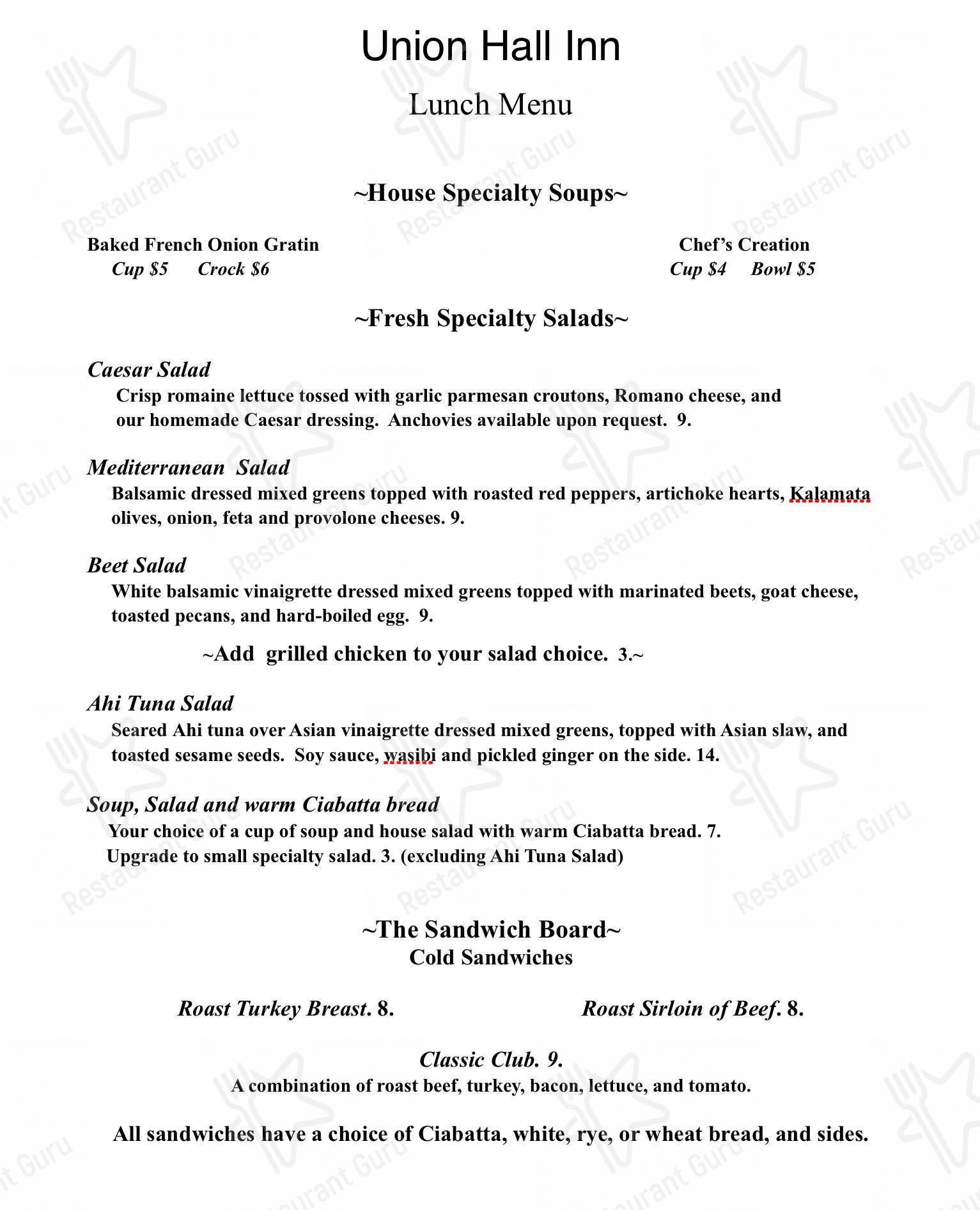 Menu at Union Hall Inn Restaurant & Catering, Johnstown