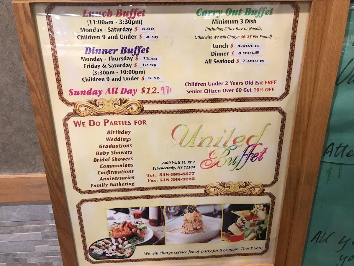 Menu at United Buffet restaurant, Schenectady