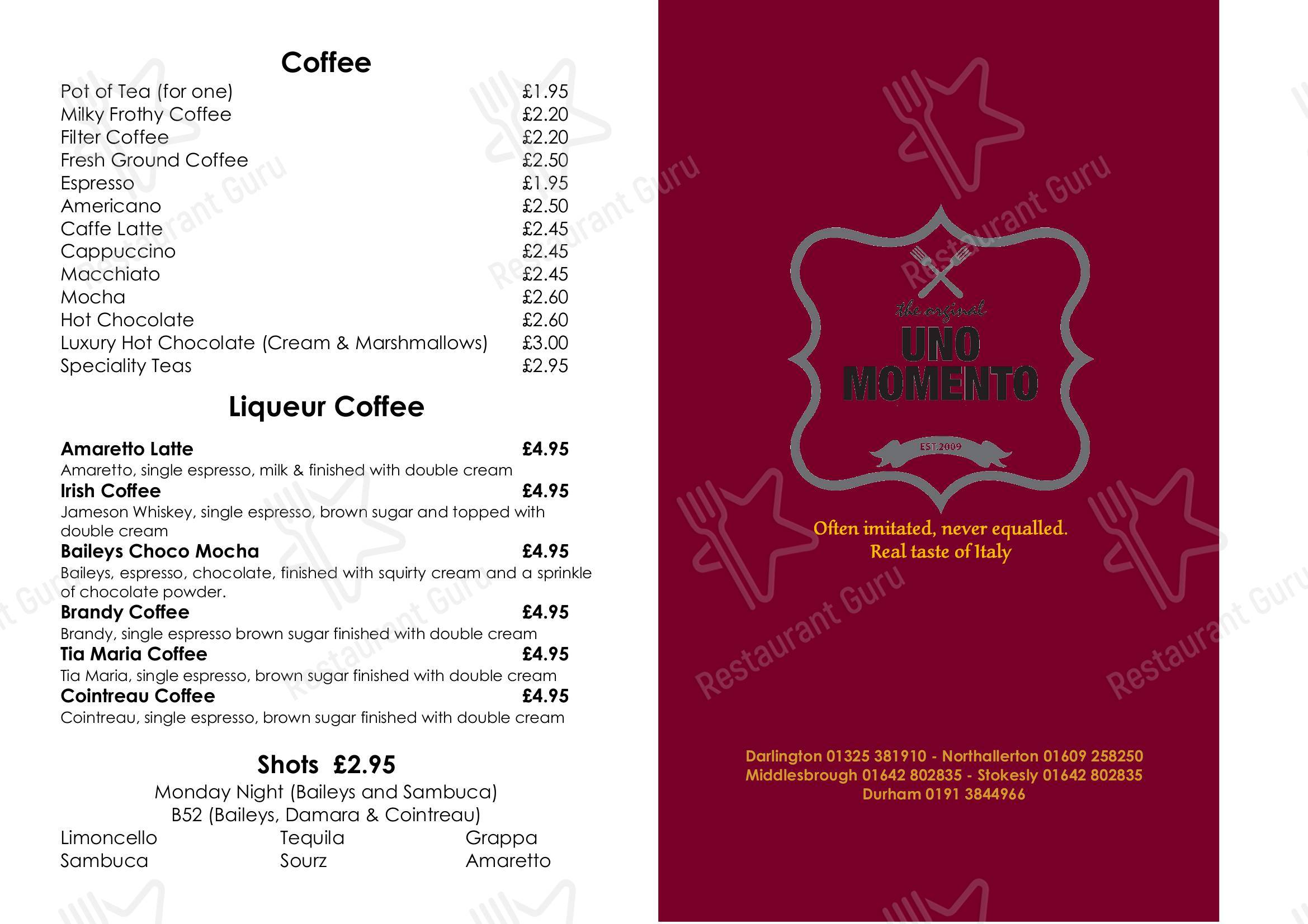 Menu at Uno Momento pub & bar, Darlington
