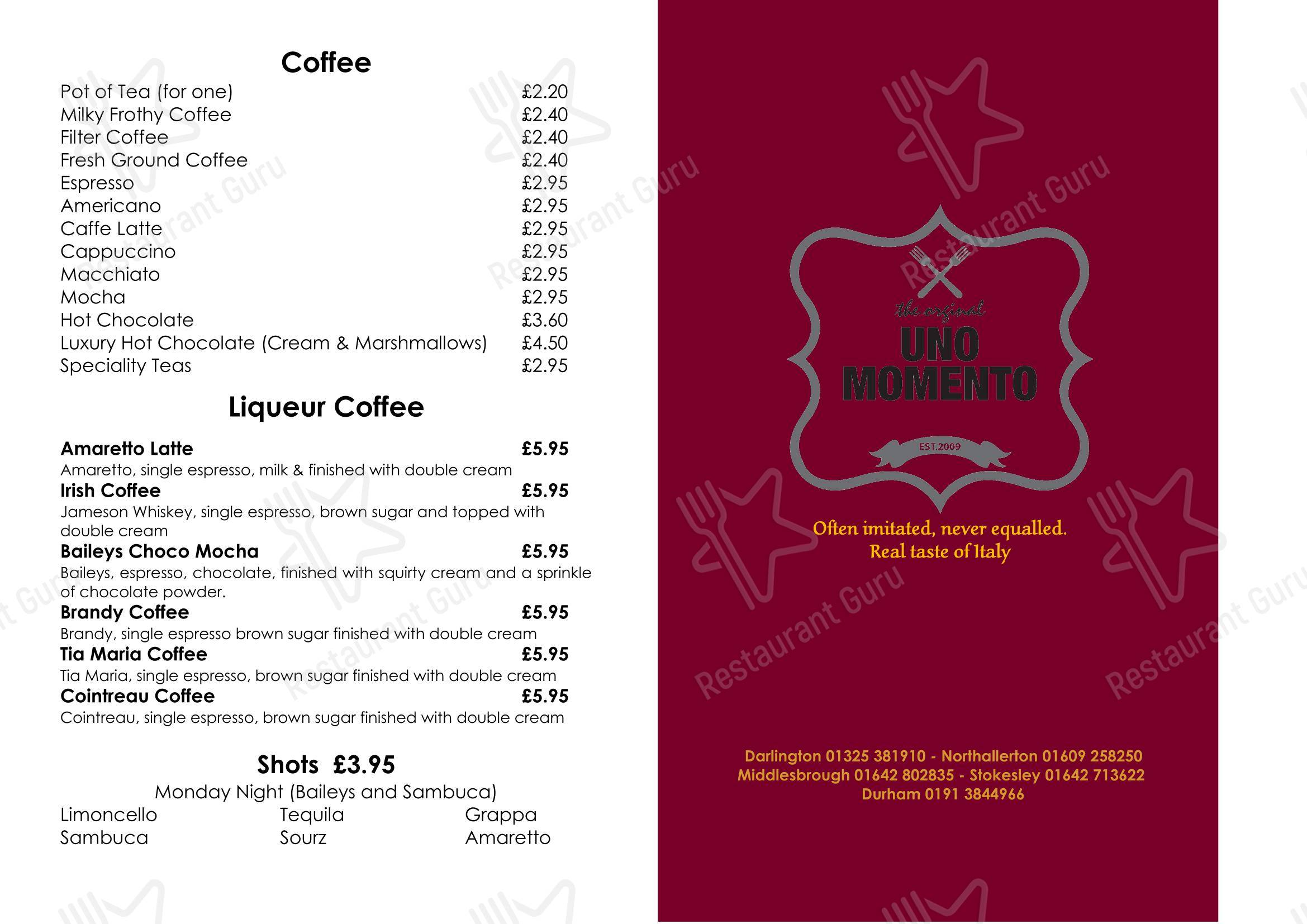 Menu at Uno Momento pub & bar, Darlington