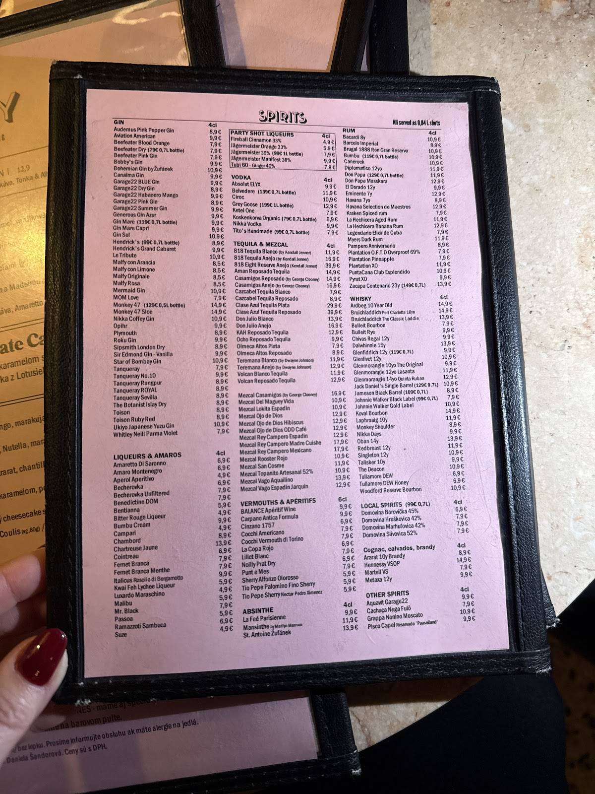 Menu at Urban House restaurant, Bratislava