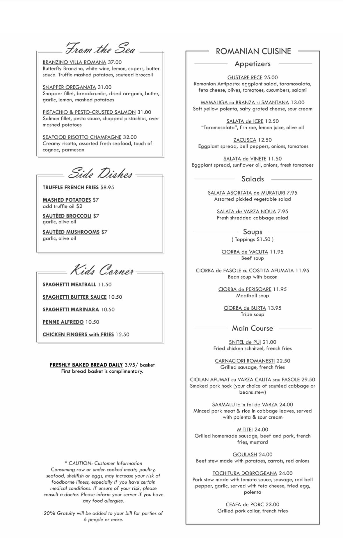 Menu at VILLA ROMANA Italian & Romanian Restaurant, Hollywood