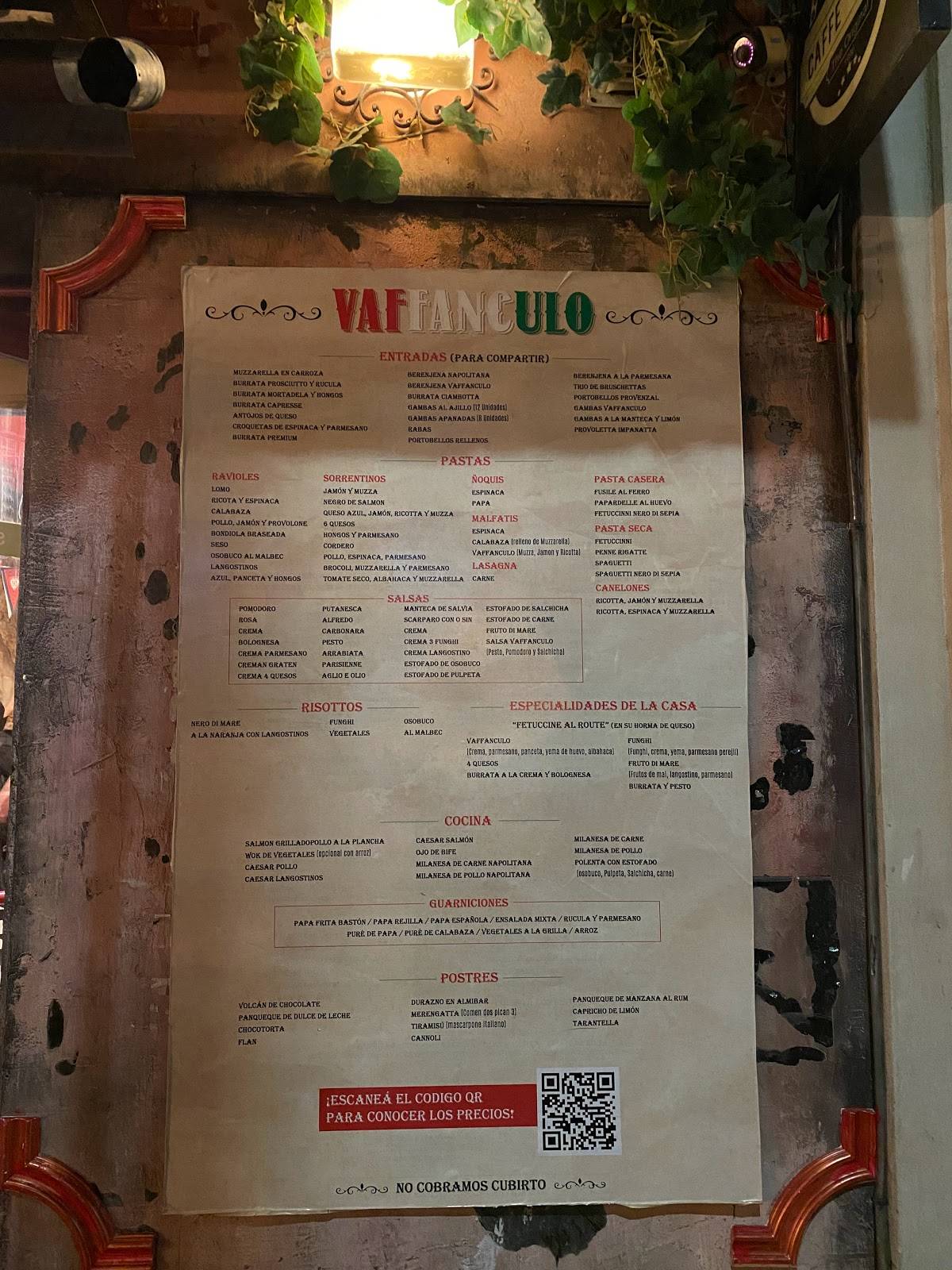 Carta del restaurante Vaffanculo Cantina Italiana, Buenos Aires