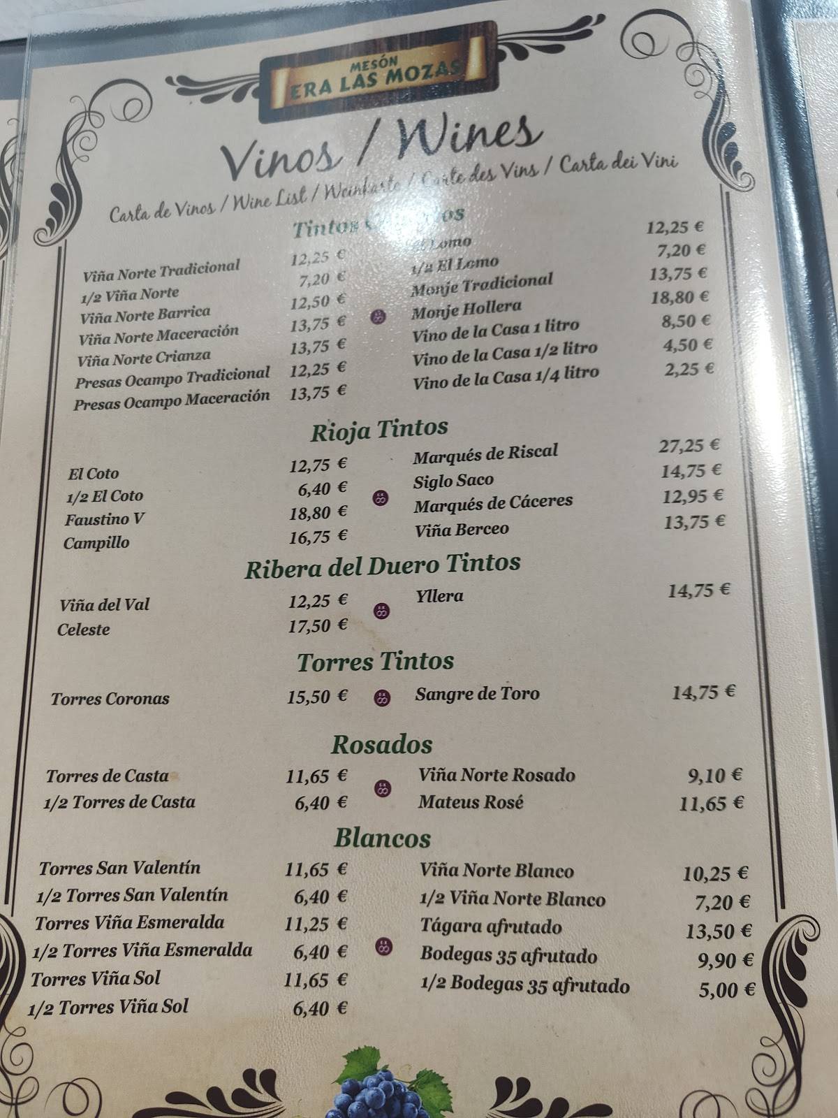Carta del restaurante Mesón Era Las Mozas, Valle del San Lorenzo