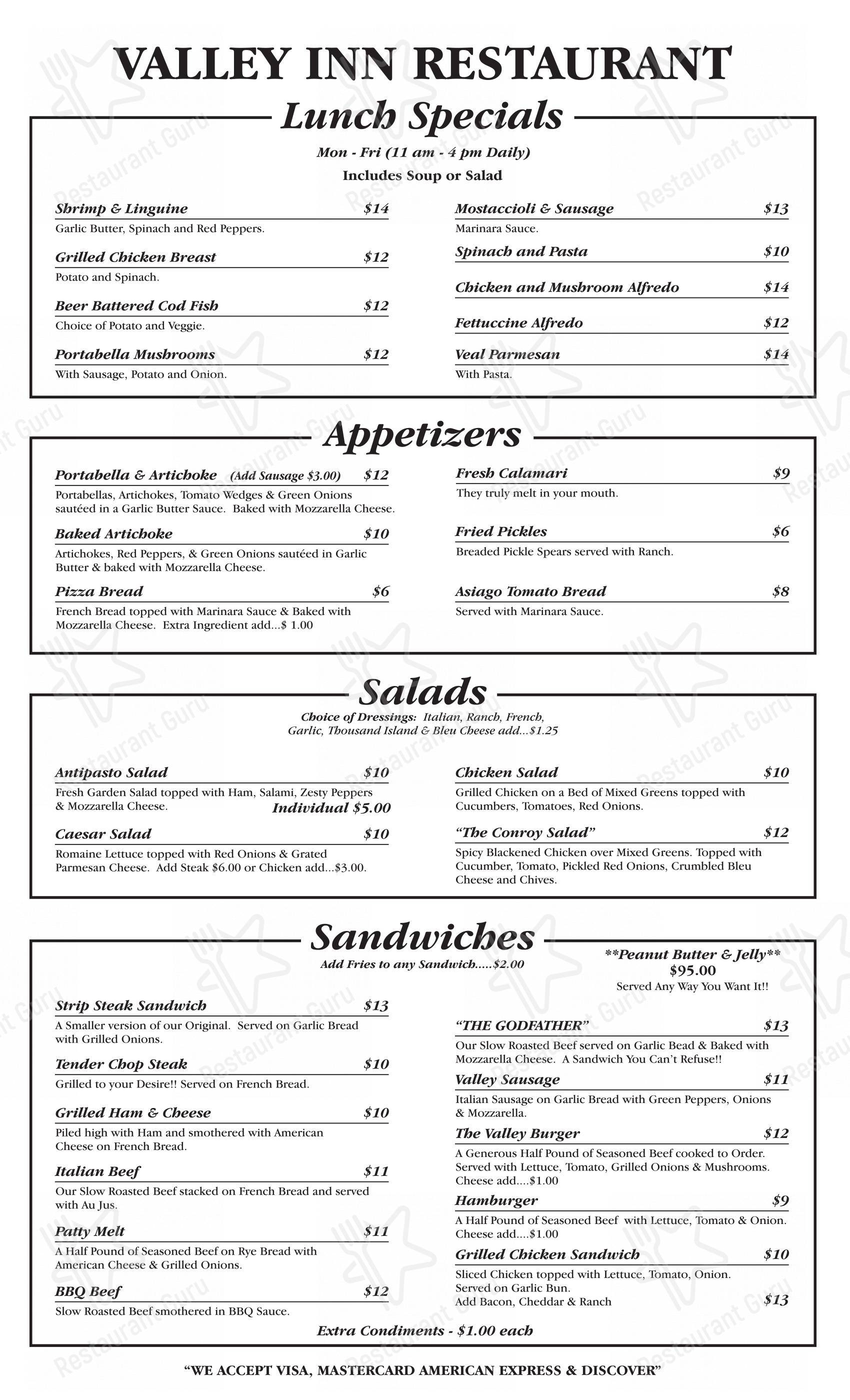 Menu at Valley Inn Restaurant, Palos Hills, W 107th St
