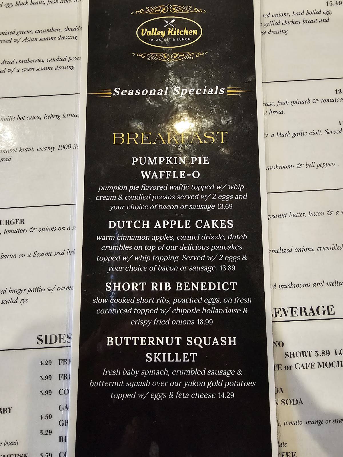 Menu at Valley Kitchen restaurant, Hermitage
