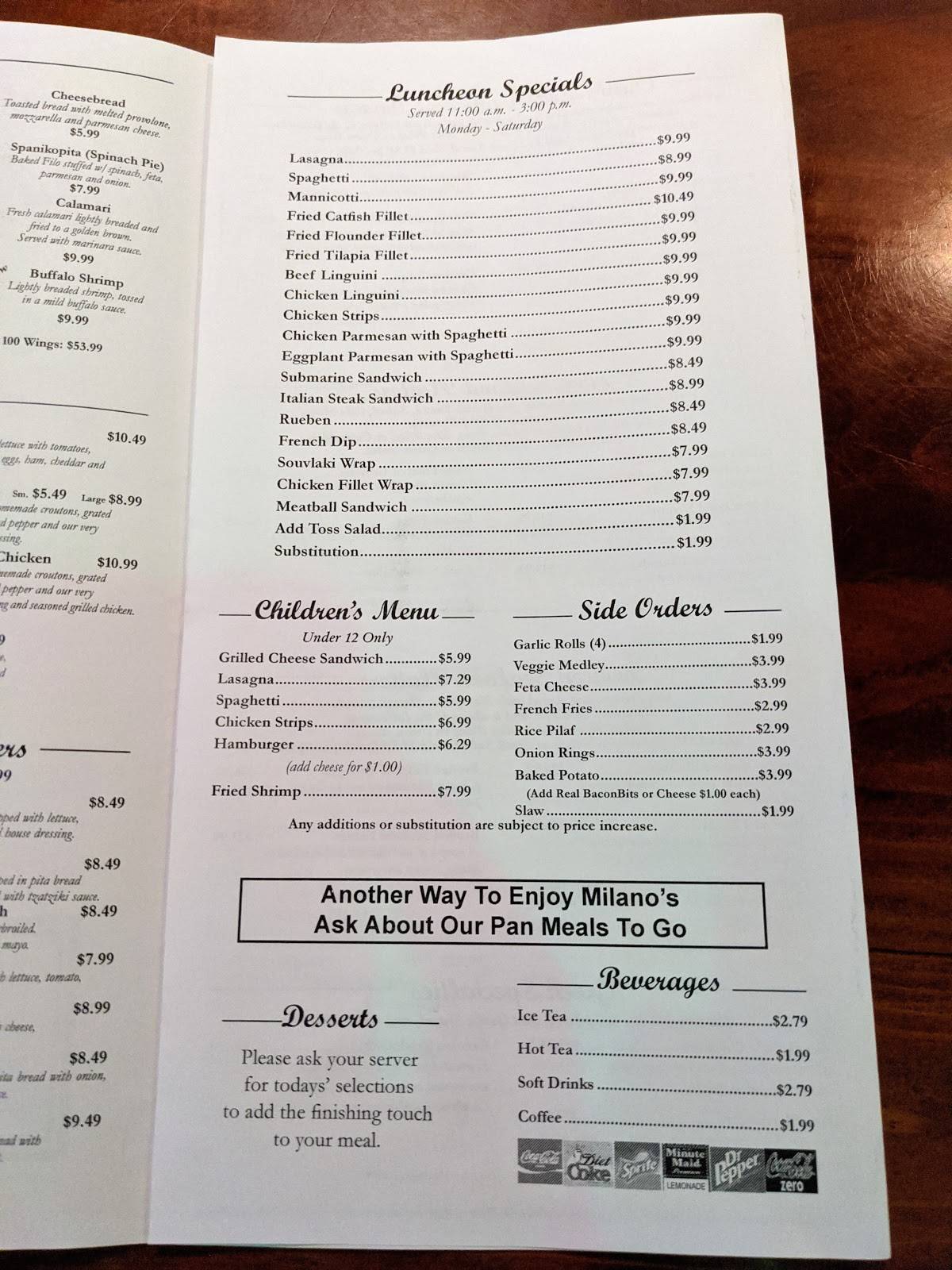 Menu at Milano's Italian Grille restaurant, Valley