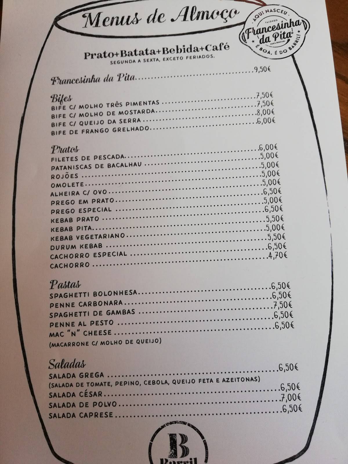Menu em Barril Avenida (francesinha da Pita), Valongo, Av. 5 de Outubro 43