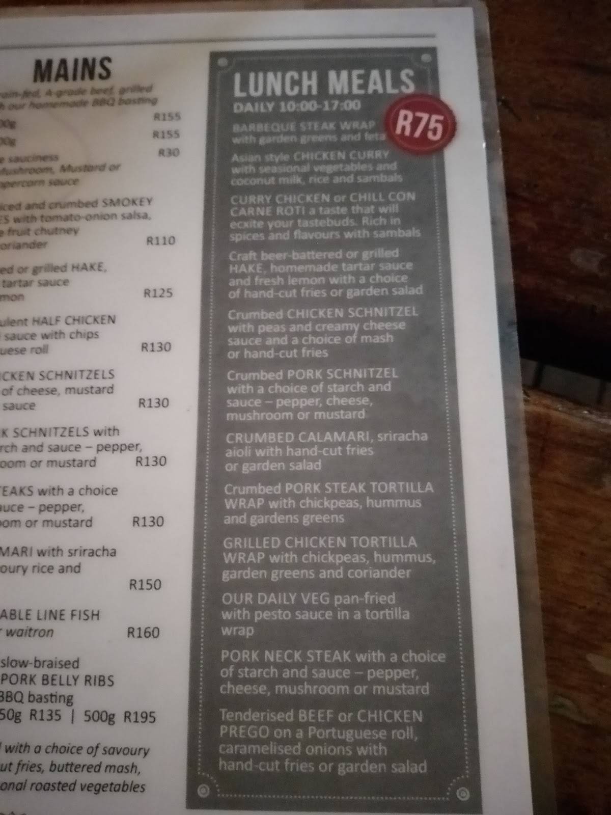 Menu at Van Hunks pub & bar, Cape Town