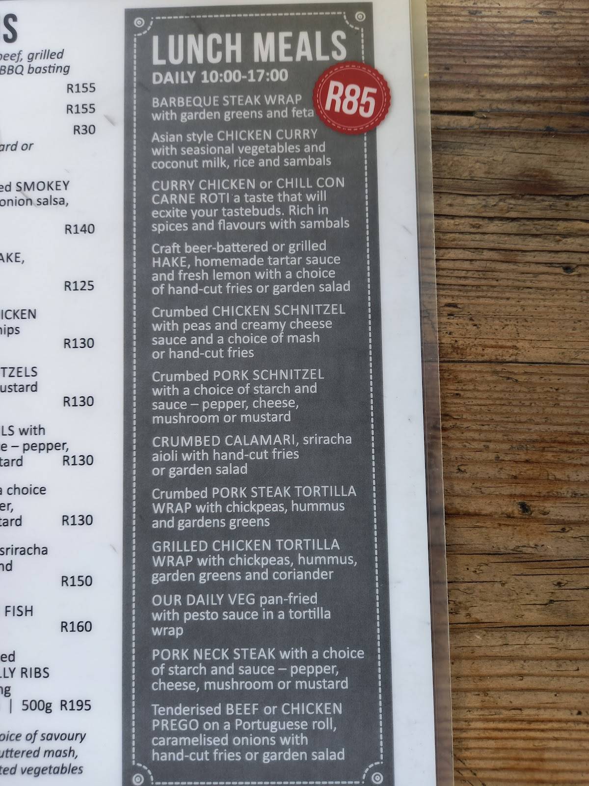 Menu at Van Hunks pub & bar, Cape Town