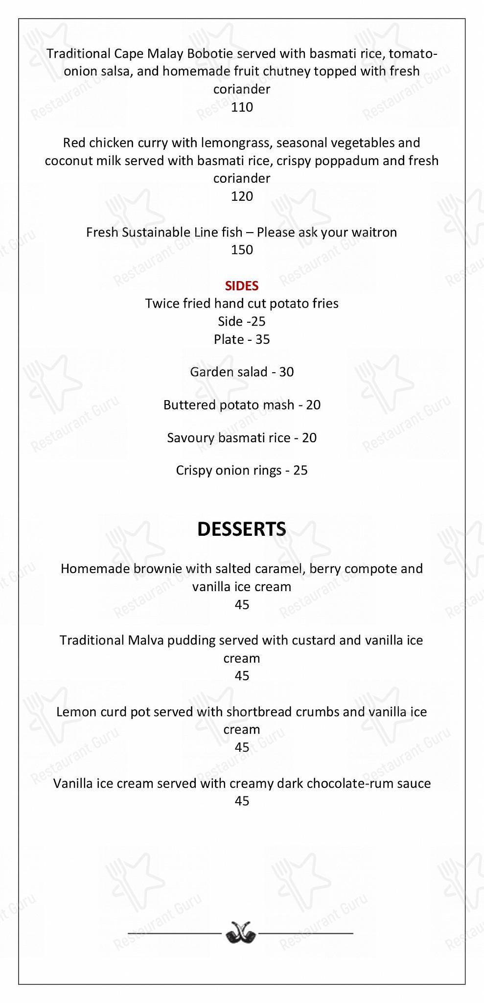 Menu at Van Hunks pub & bar, Cape Town