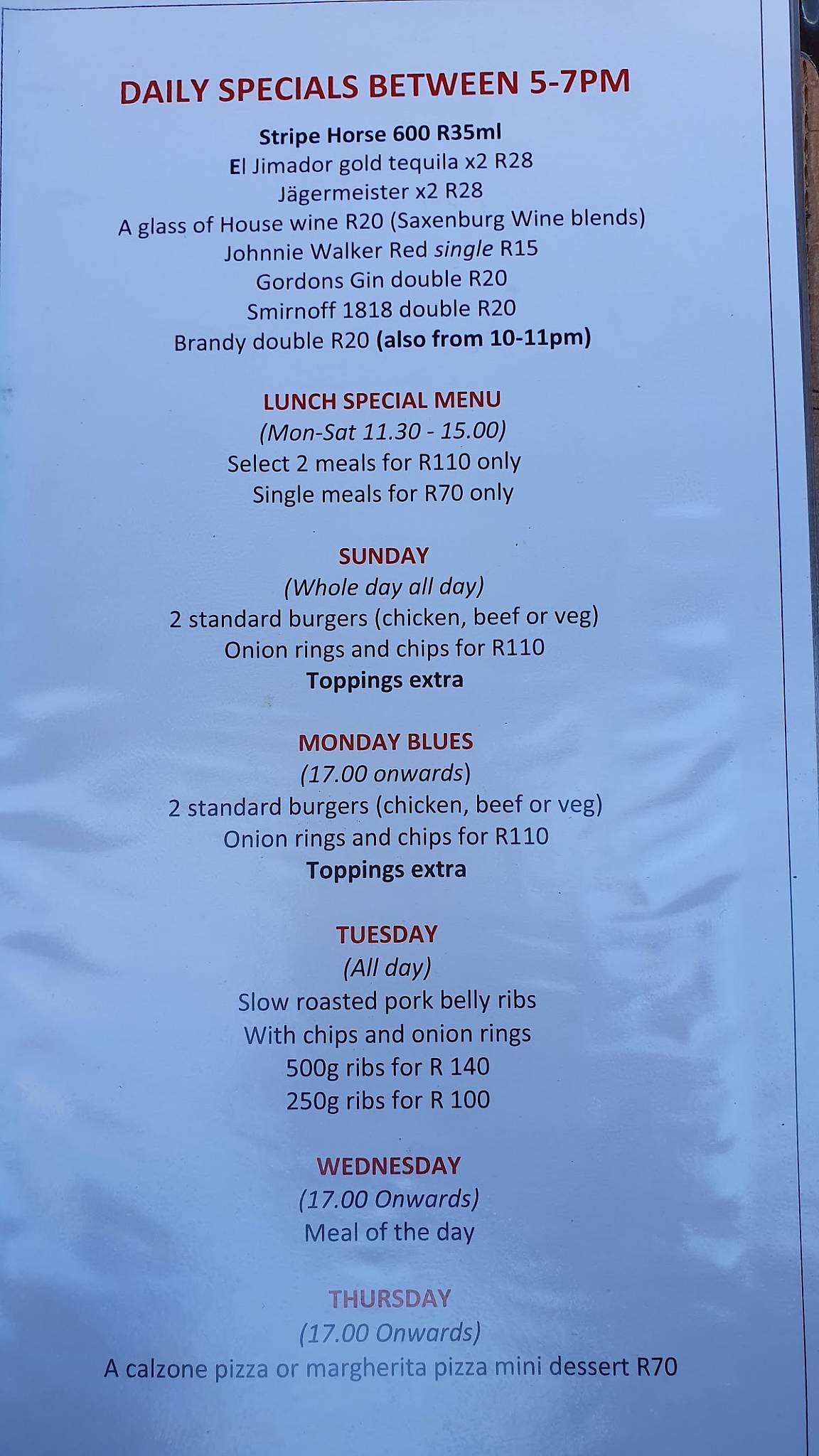 Menu at Van Hunks pub & bar, Cape Town