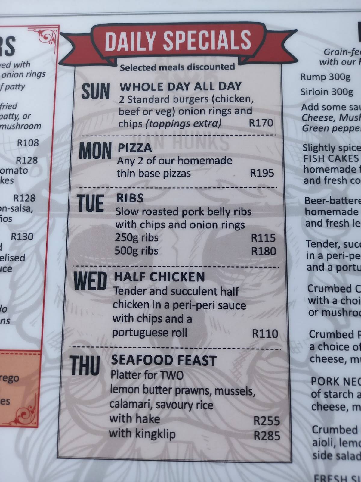 Menu at Van Hunks pub & bar, Cape Town