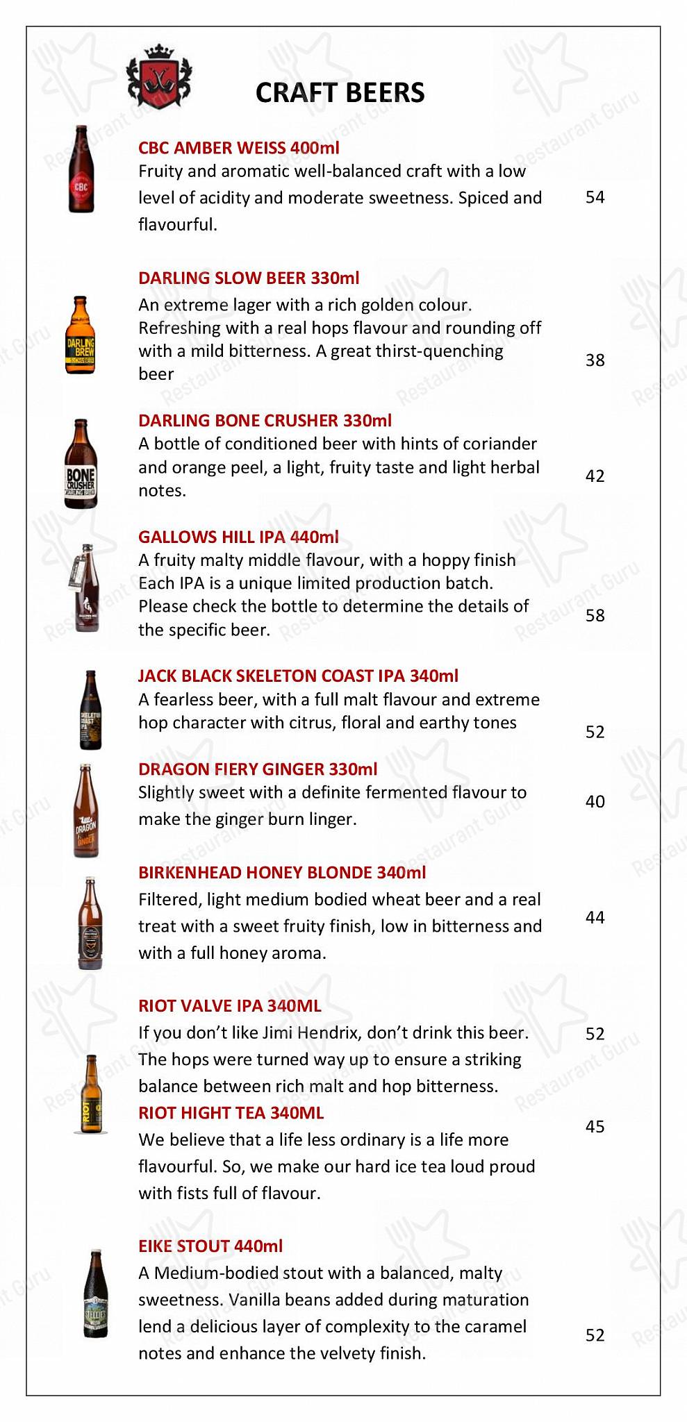 Menu at Van Hunks pub & bar, Cape Town