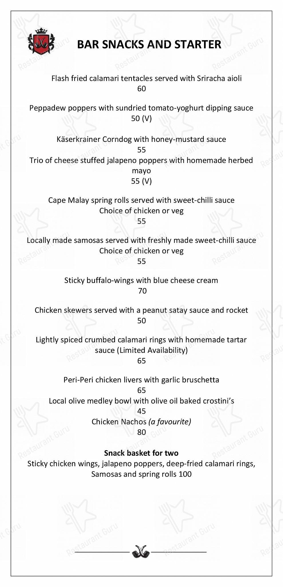 Menu at Van Hunks pub & bar, Cape Town