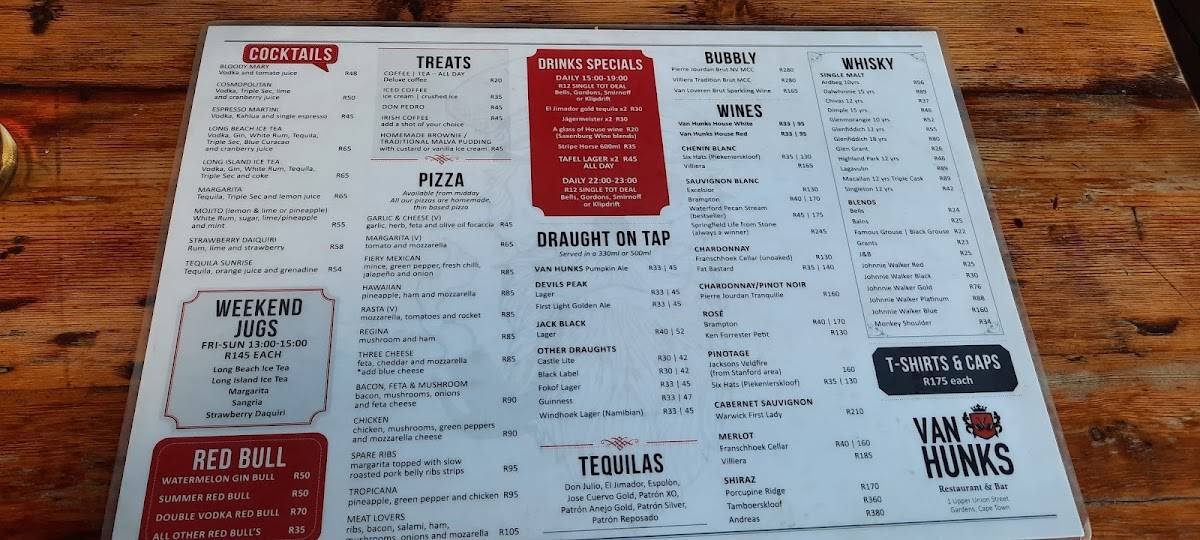 Menu at Van Hunks pub & bar, Cape Town