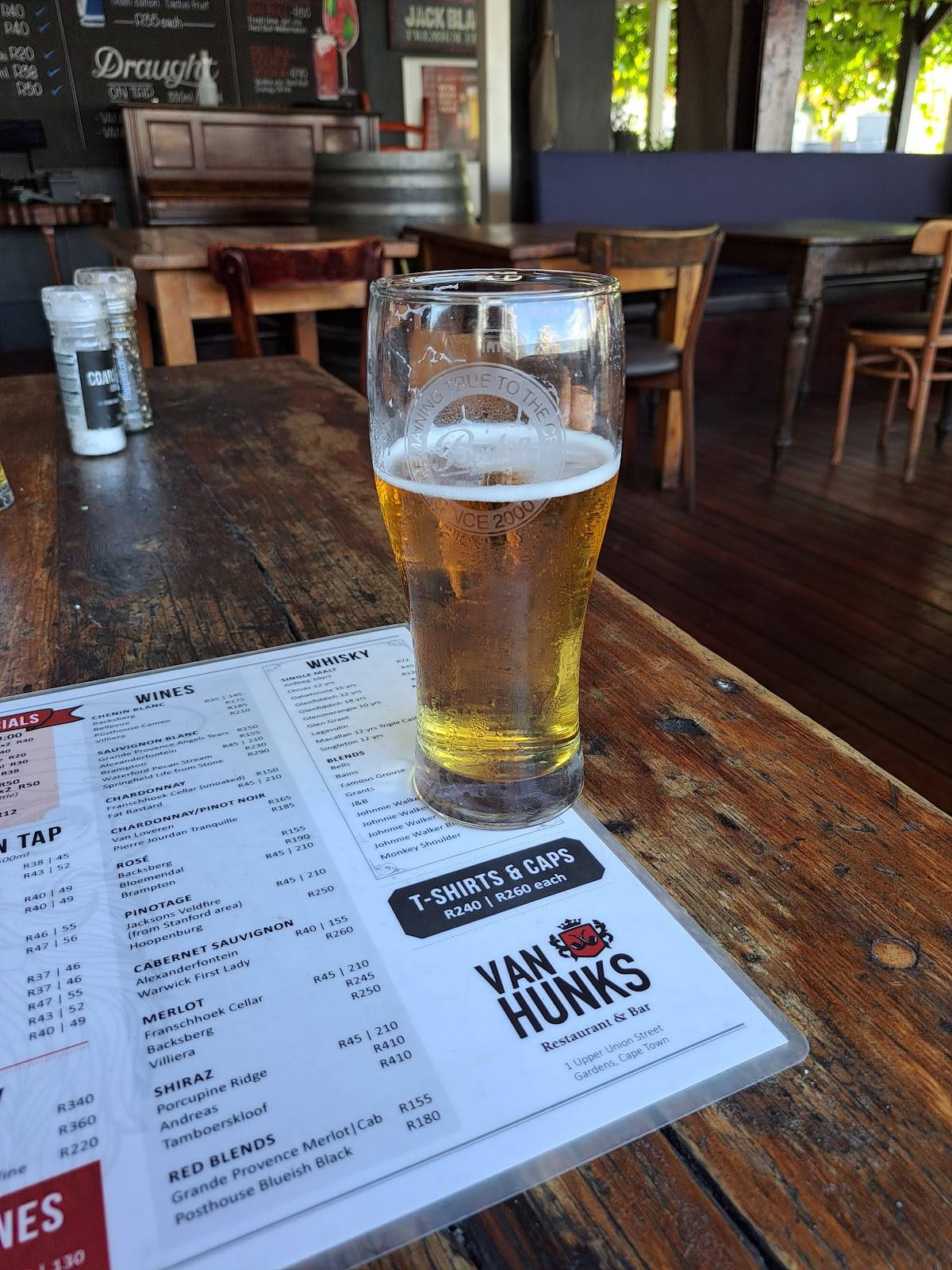 Menu at Van Hunks pub & bar, Cape Town