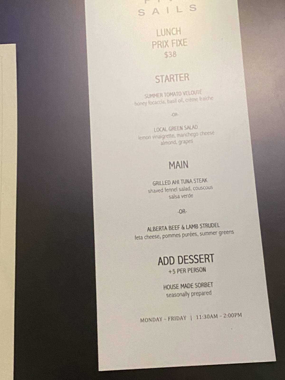 Menu at Oceans 999 restaurant, Vancouver, 999 Canada Pl #300
