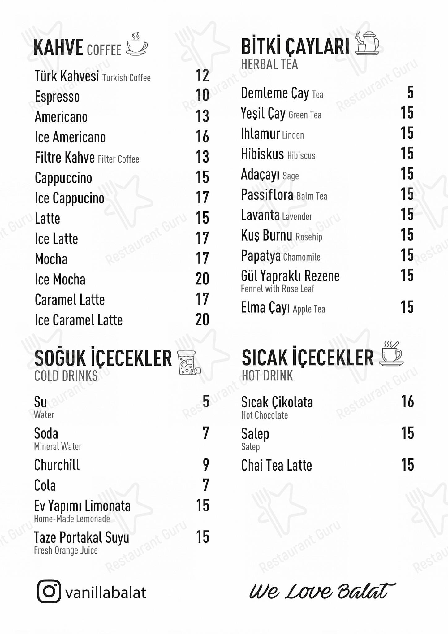 Menu at Vanilla Cafe Balat, Istanbul, Vodina Cd. 6/A