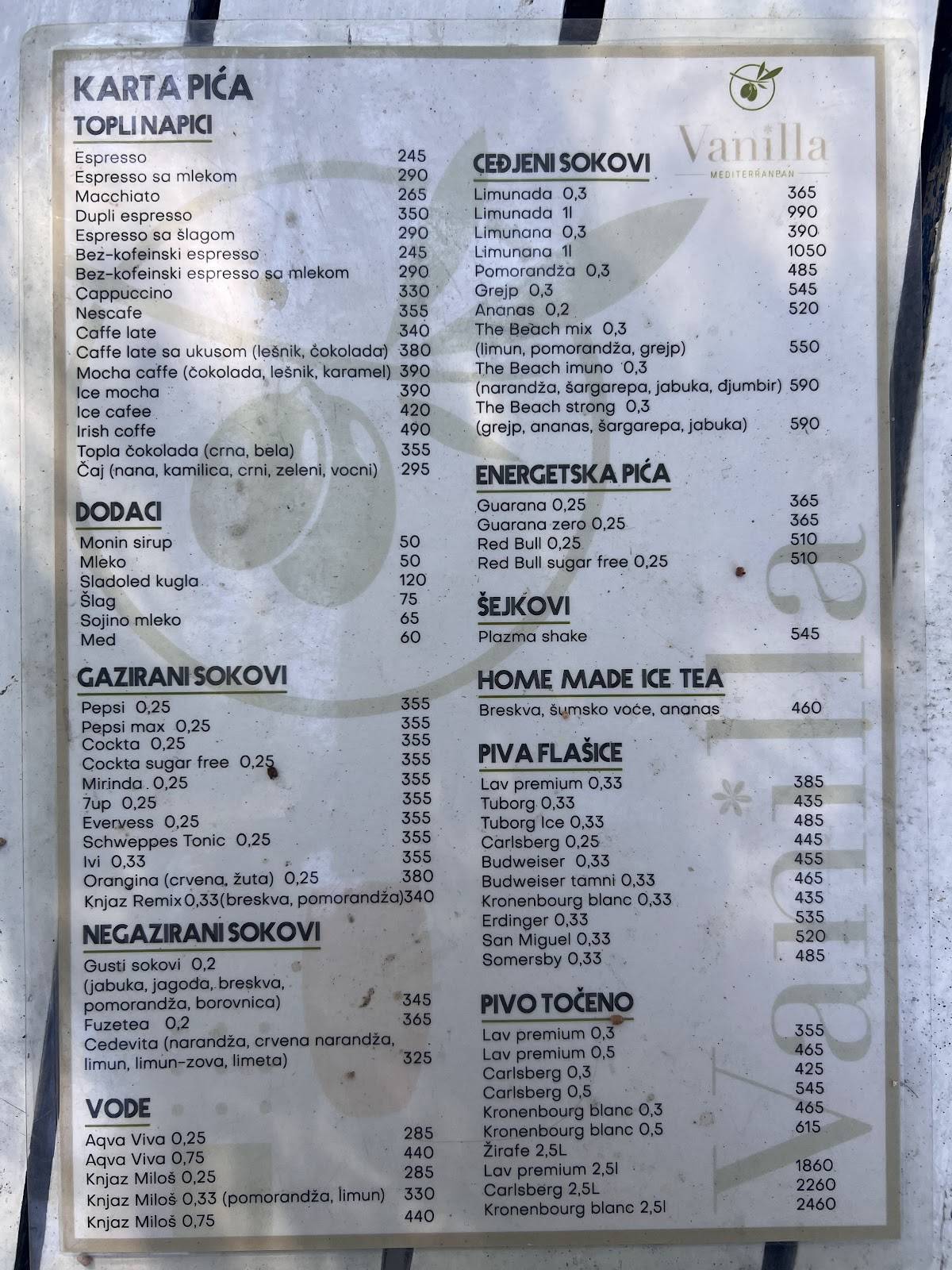 Menu at Vanilla restaurant, Belgrade, Obrenovački drum 39