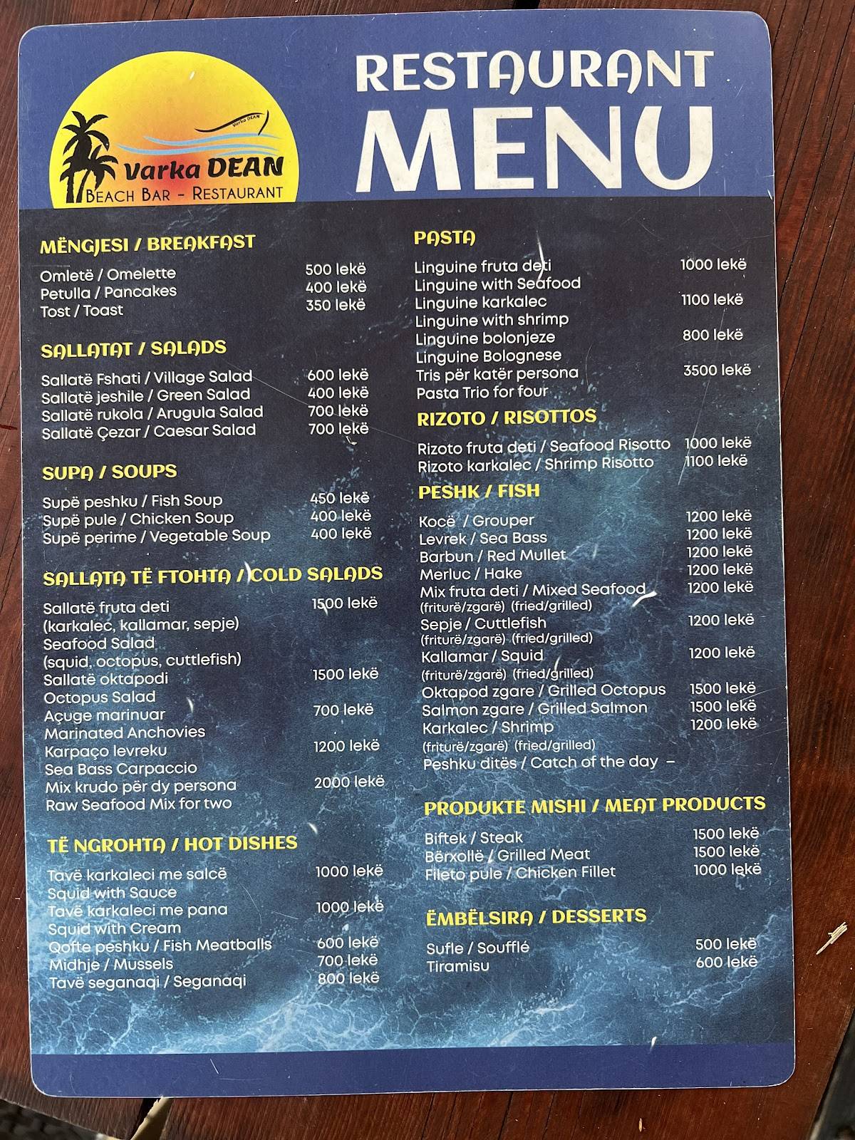 Speisekarte von Varka Dean Beach Bar Restaurant Ksamil, Ksamil