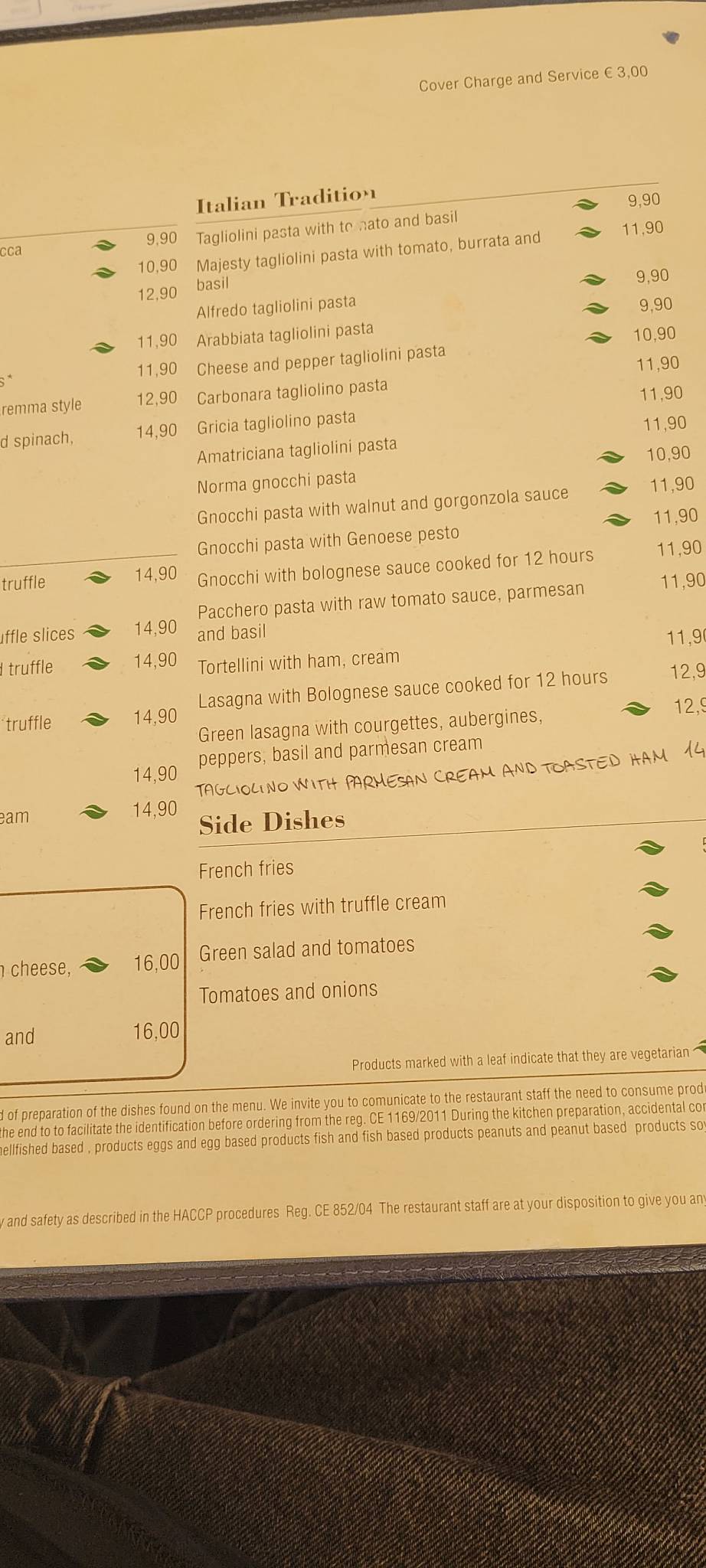 Menu au Varrone Pasta restaurant, Lucques
