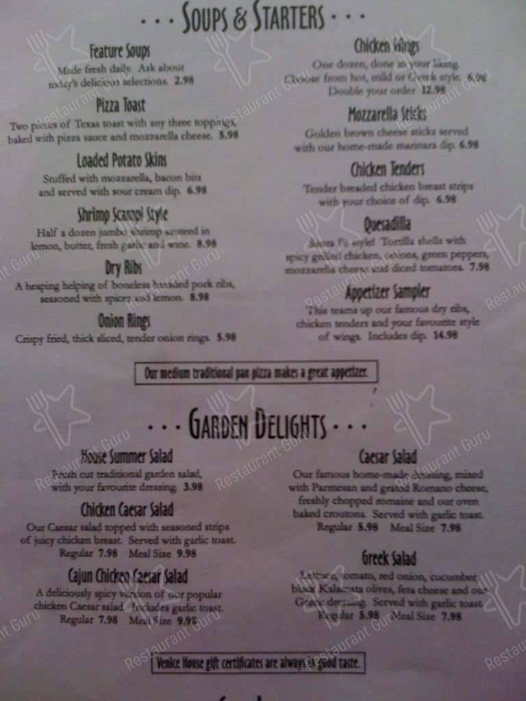Menu at Venice House Traditional Grill pizzeria, Saskatoon, 906 Central Ave