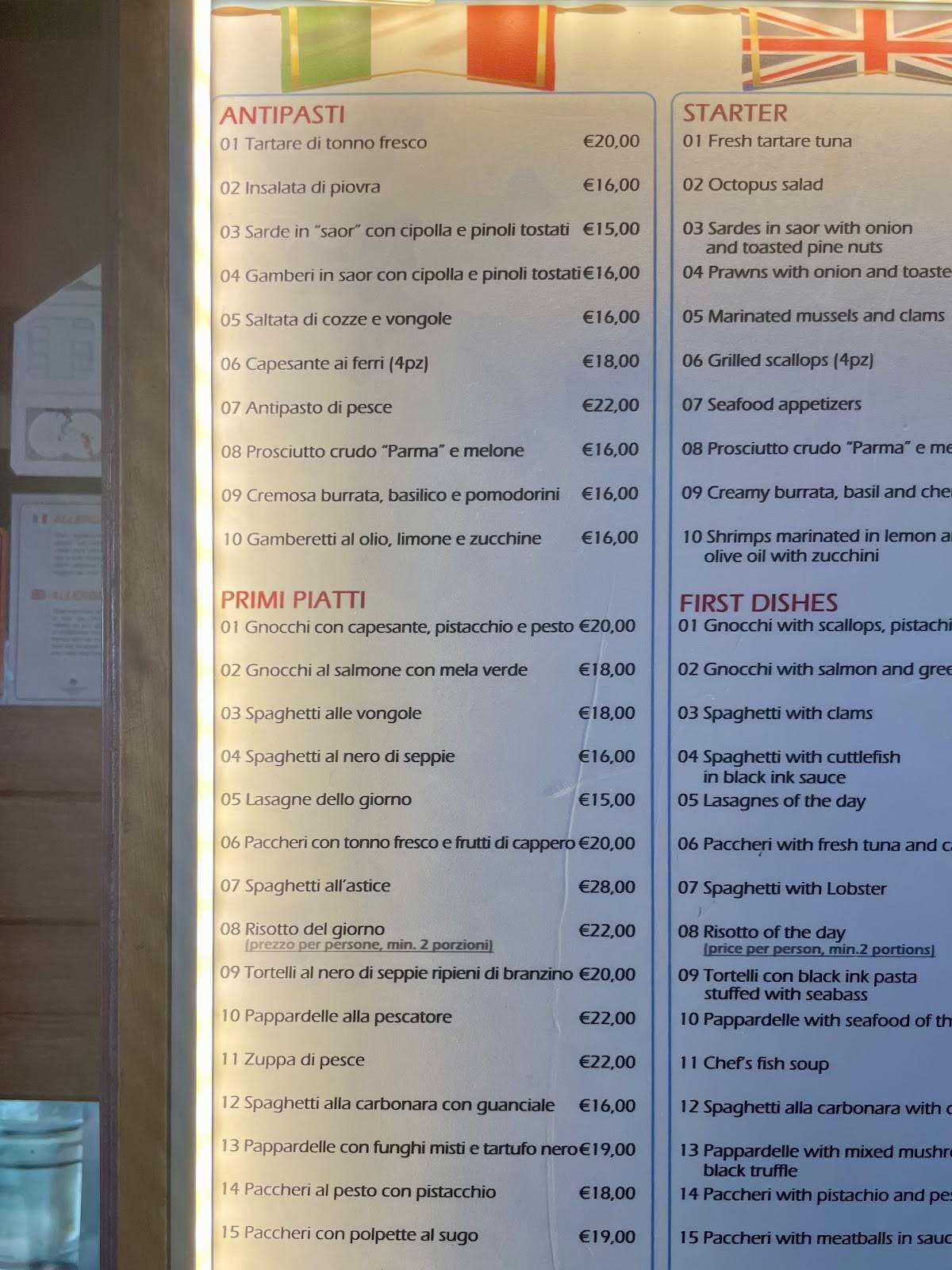 Menu at Trattoria Da Giorgio restaurant, Venice