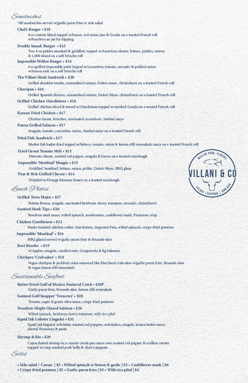 Menu at Villani & Co Wellen Park Steak Seafood Raw Bar, Venice