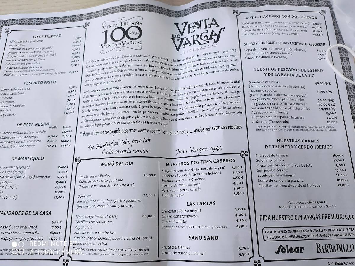 Carta de Restaurante Venta de Vargas, San Fernando