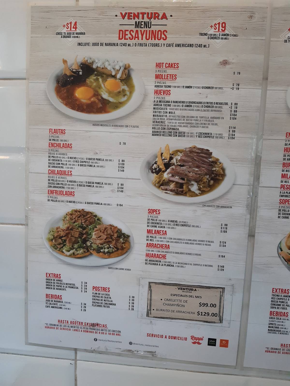 Carta del restaurante Ventura, Ciudad del México, Av. Universidad