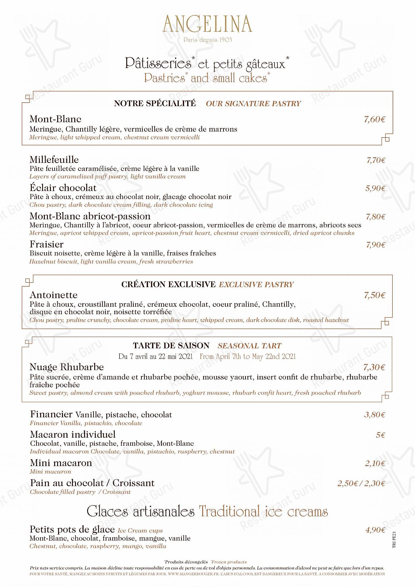 Menu at Angelina Paris restaurant, Versailles, Allée des 2