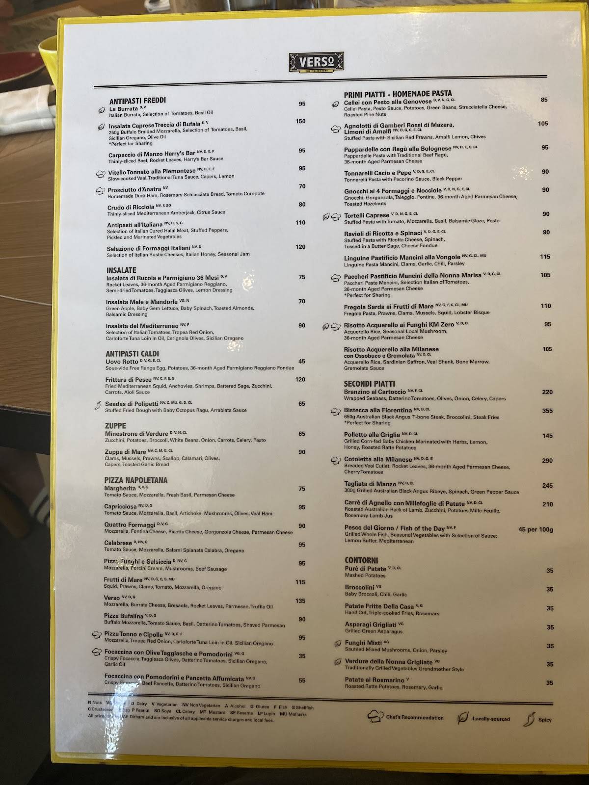 Menu at Verso restaurant, Abu Dhabi