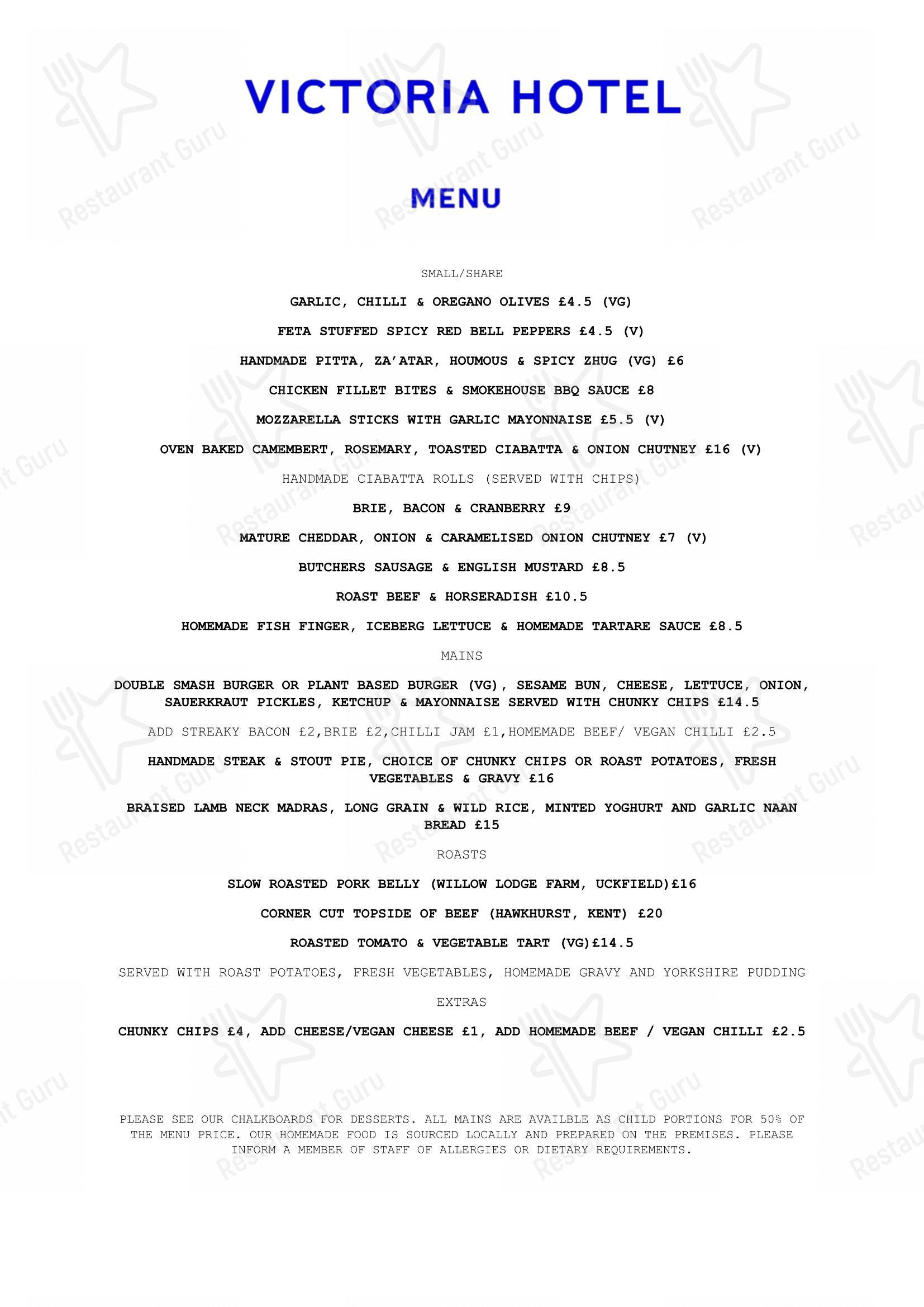 Menu at Victoria Hotel pub & bar, Eastbourne