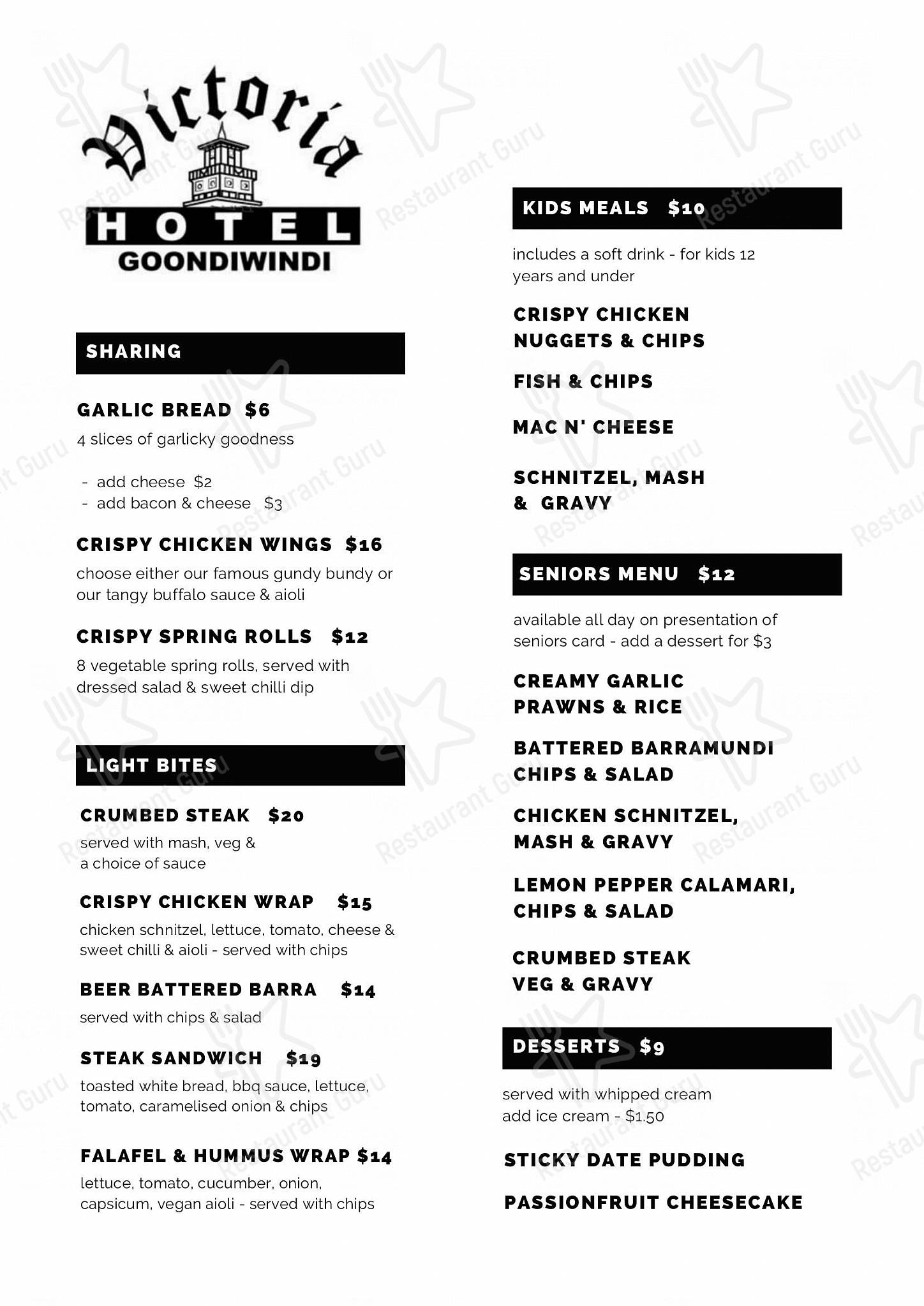 Menu at Victoria Hotel pub & bar, Goondiwindi
