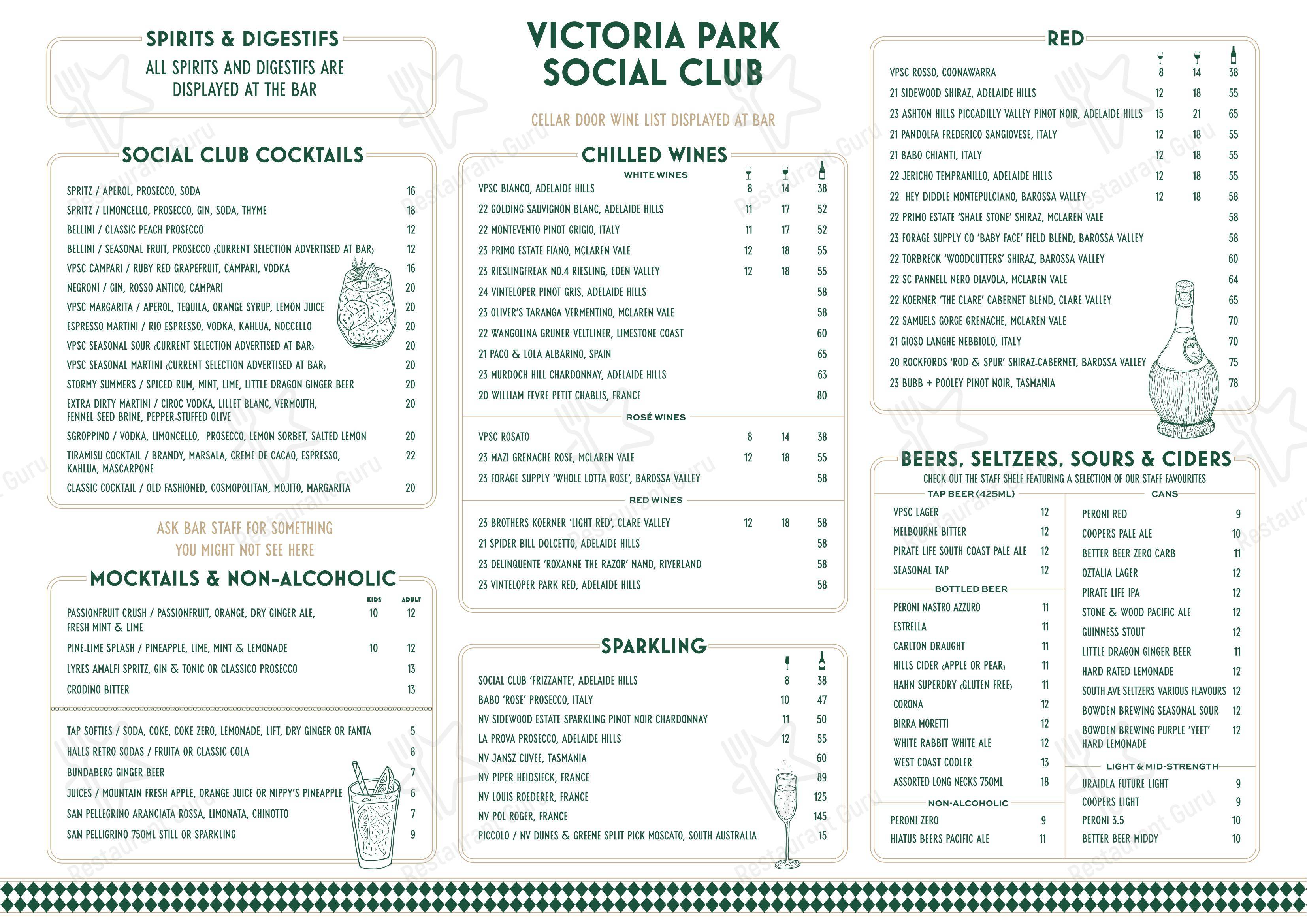 Menu at Victoria Park Social Club, Adelaide, Cnr wakefield rd