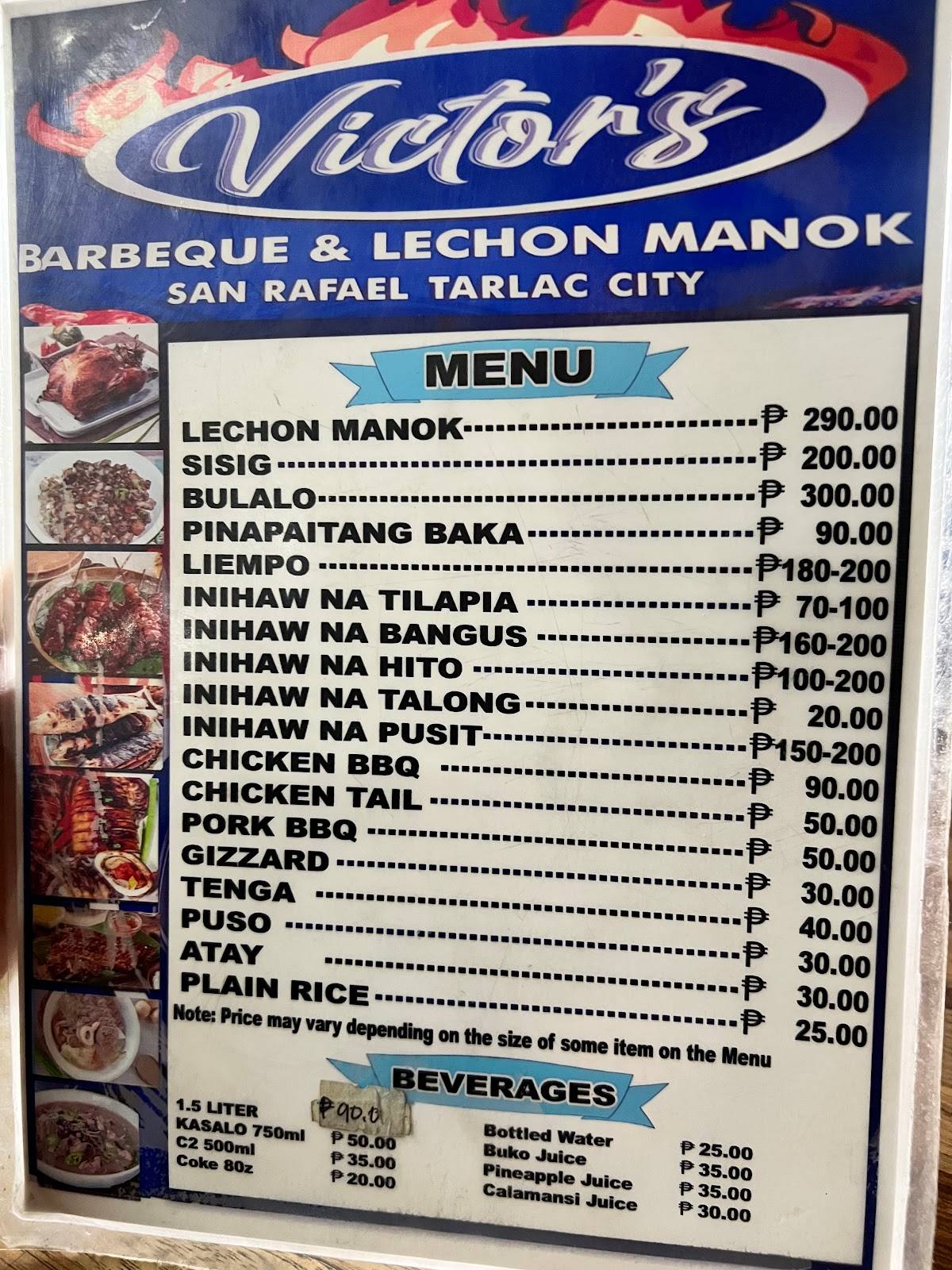 Menu at Victor's Barbeque & Lechon Manok, Tarlac City