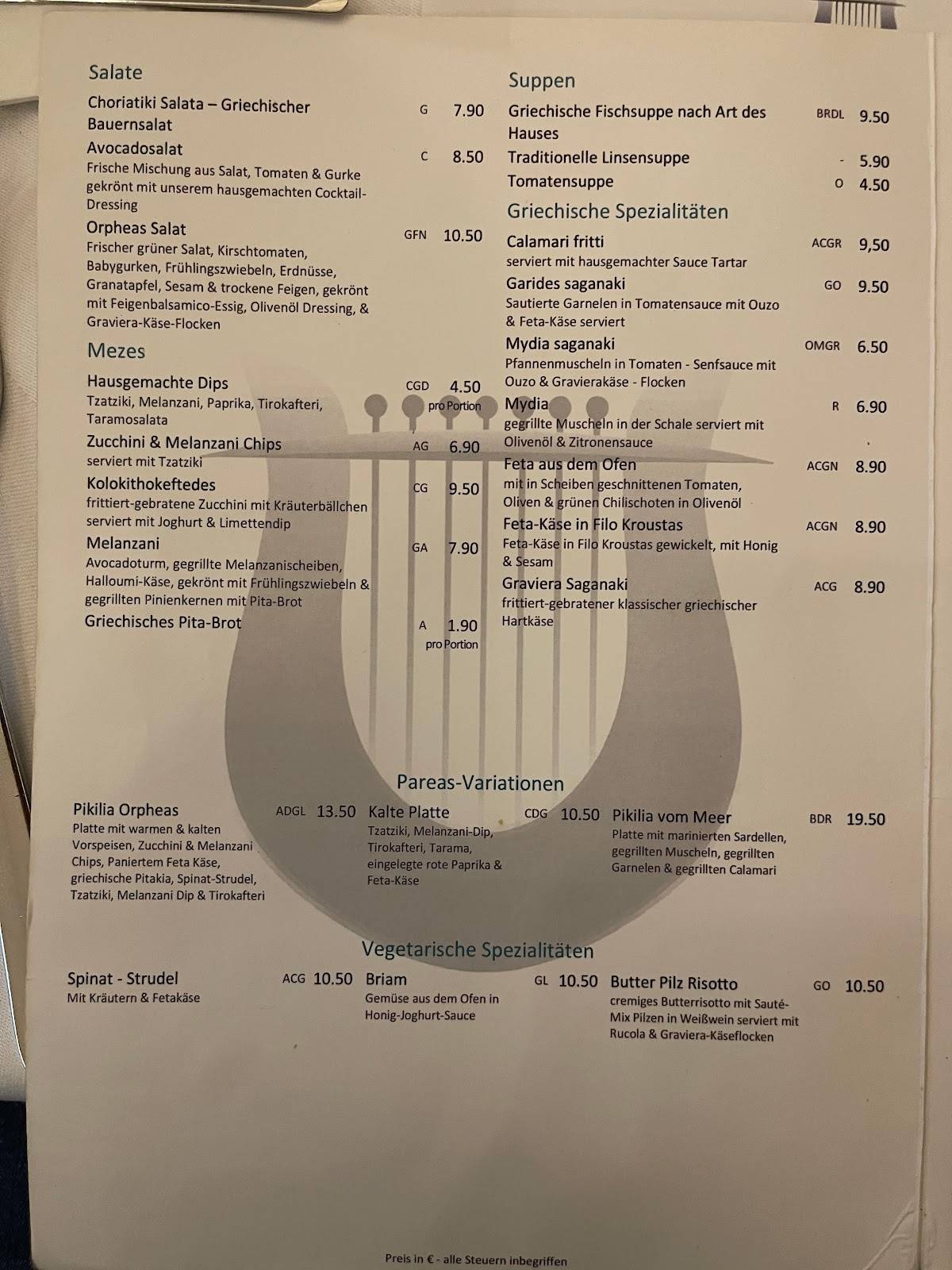Speisekarte von Orpheas restaurant, Wien