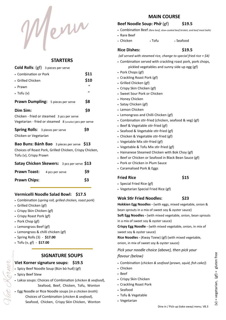 Menu at Viet korner restaurant, Gawler East