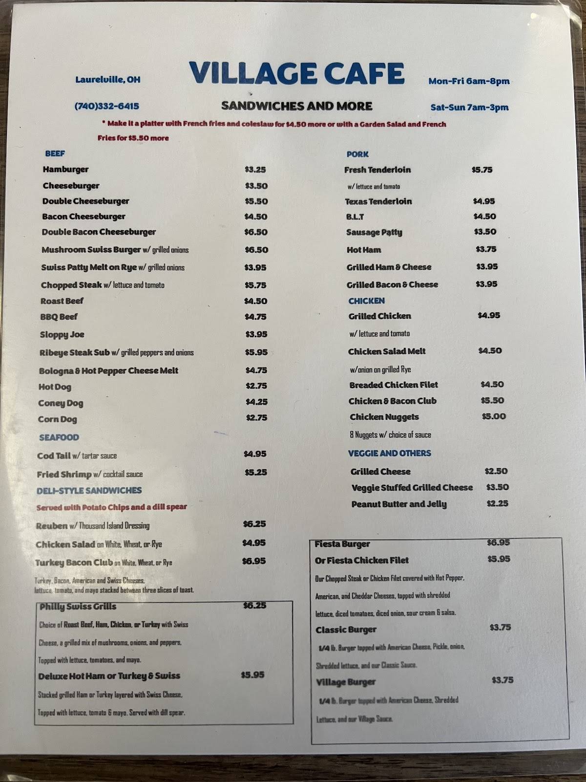 Menu at Village Café restaurant, Laurelville, Water St