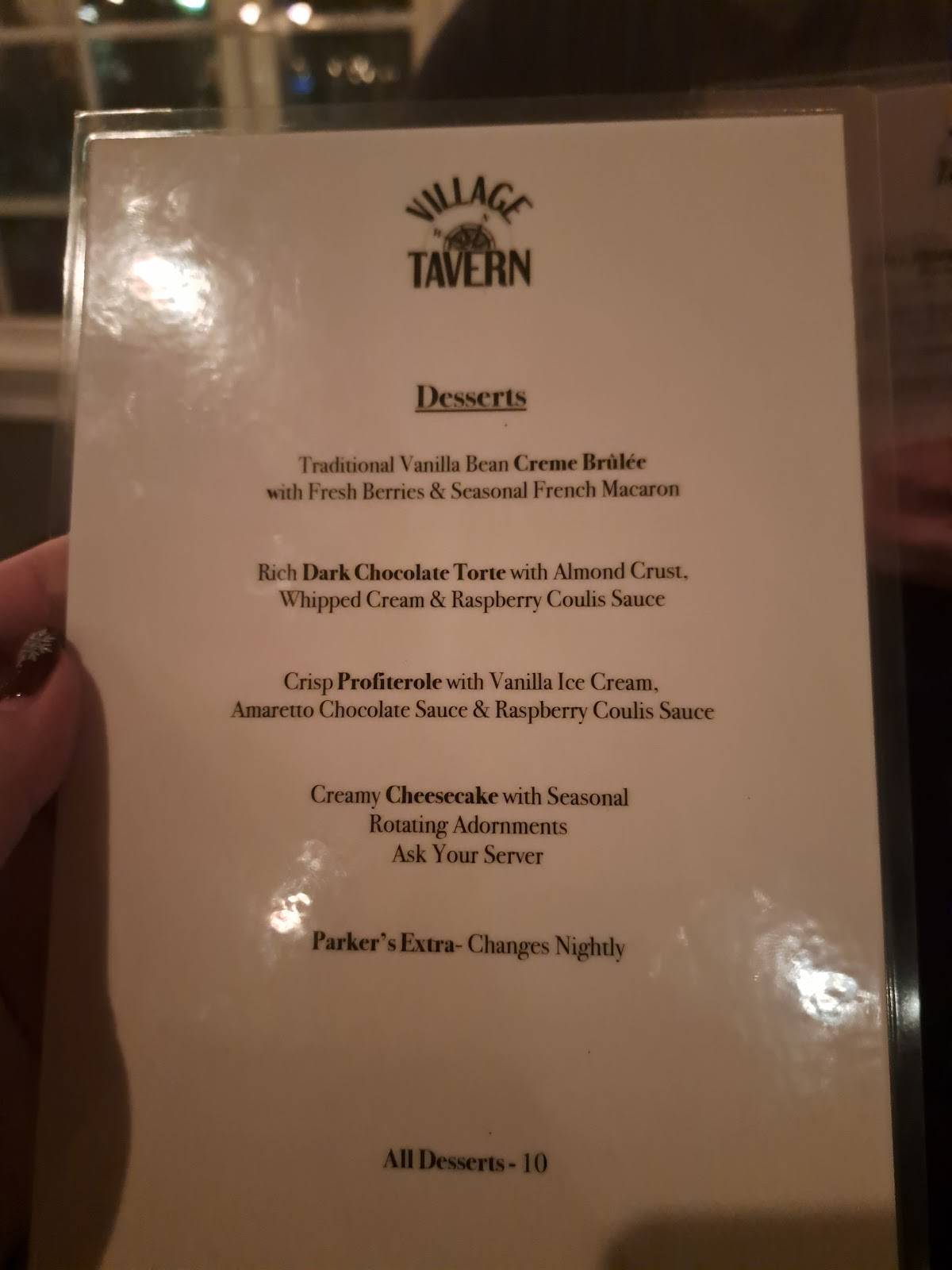 Menu at Village Tavern restaurant, Kennebunk