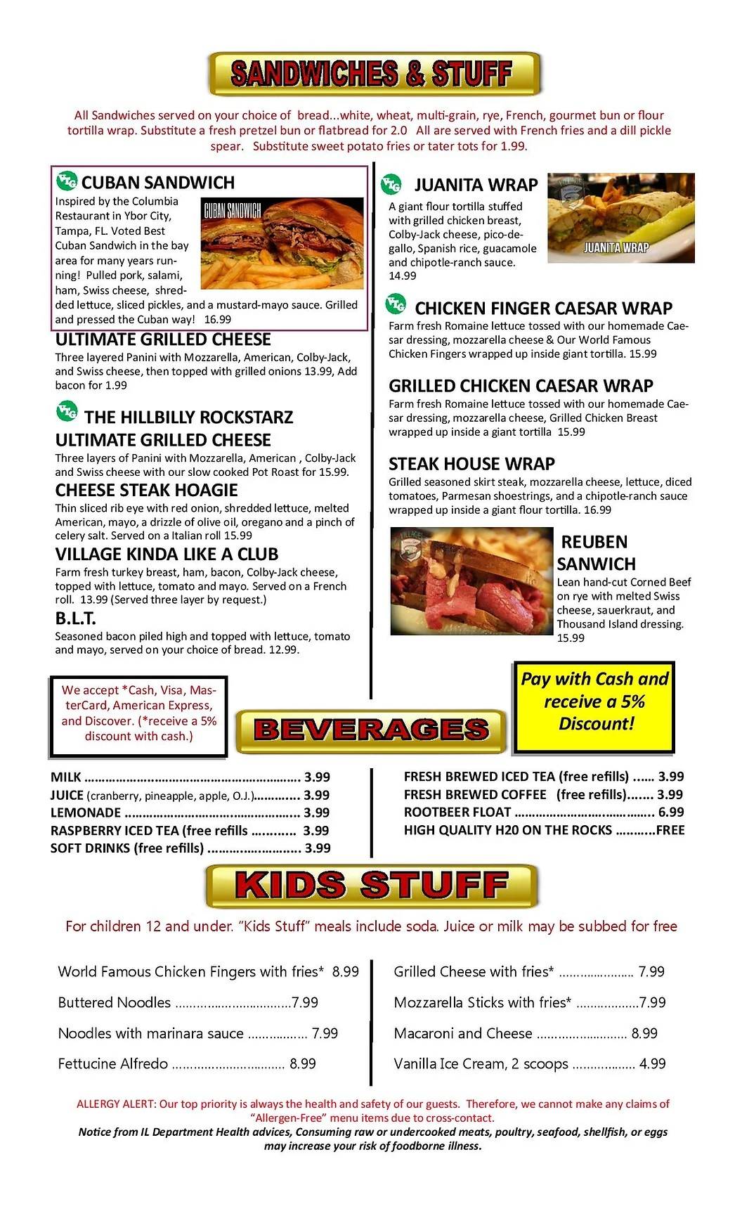 Menu at Village Tavern & Grill of South Elgin pub & bar, South Elgin