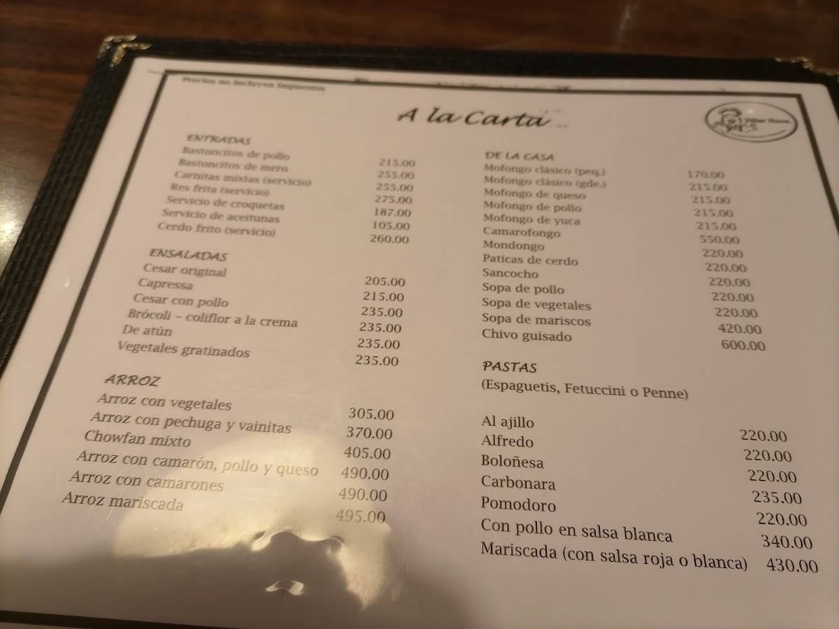 Carta del restaurante Villar Hermanos, Santo Domingo