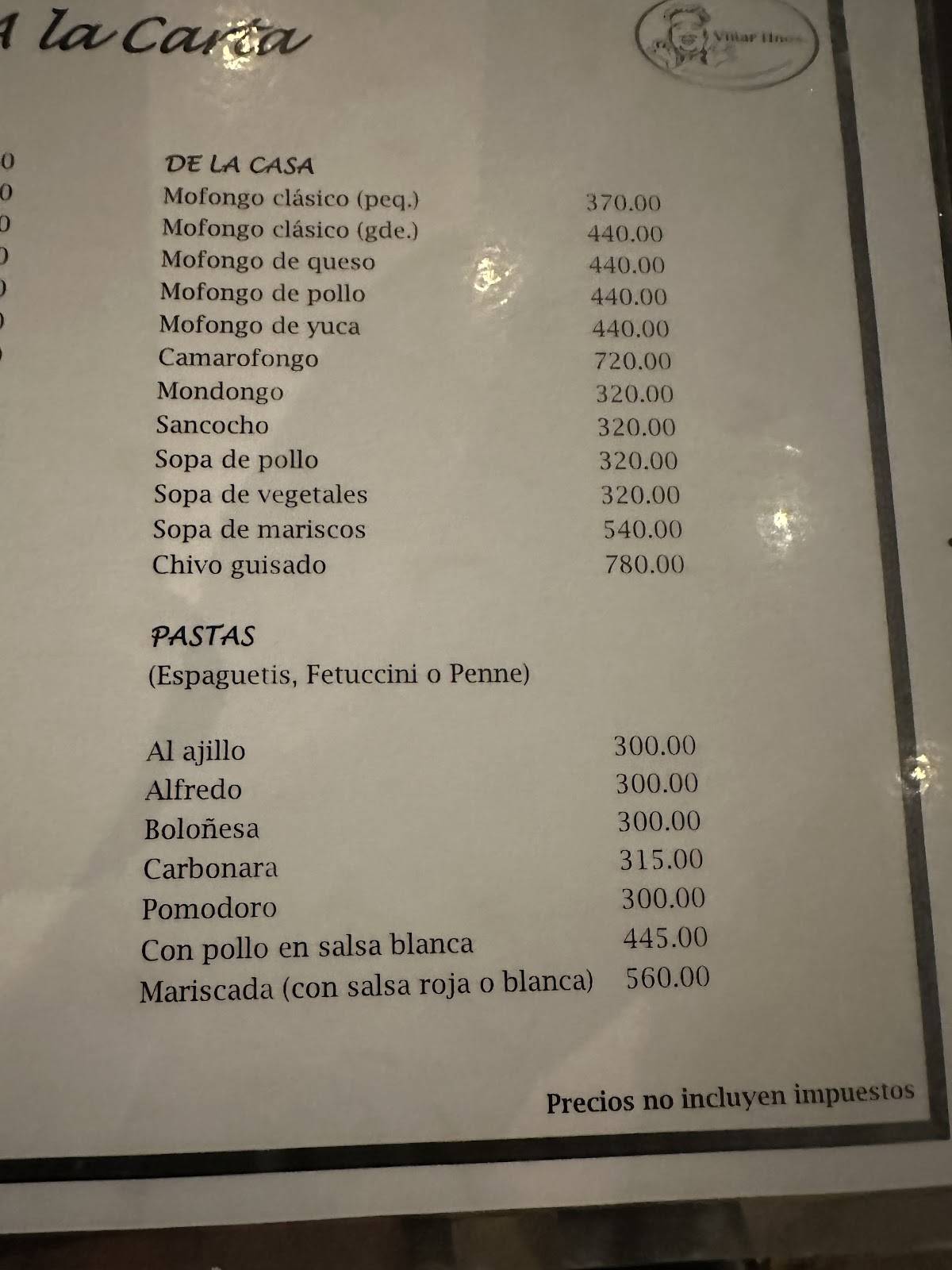 Carta del restaurante Villar Hermanos, Santo Domingo