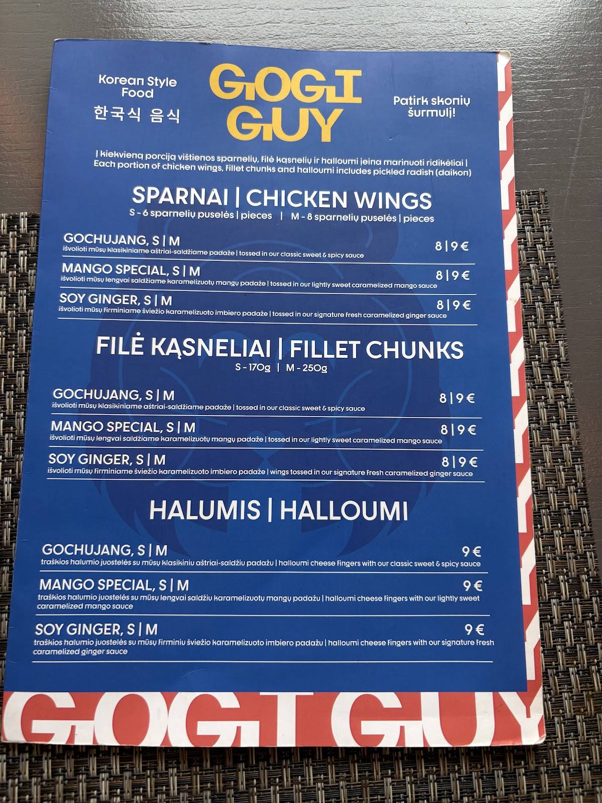 Menu at Gogi Guy restaurant, Vilnius