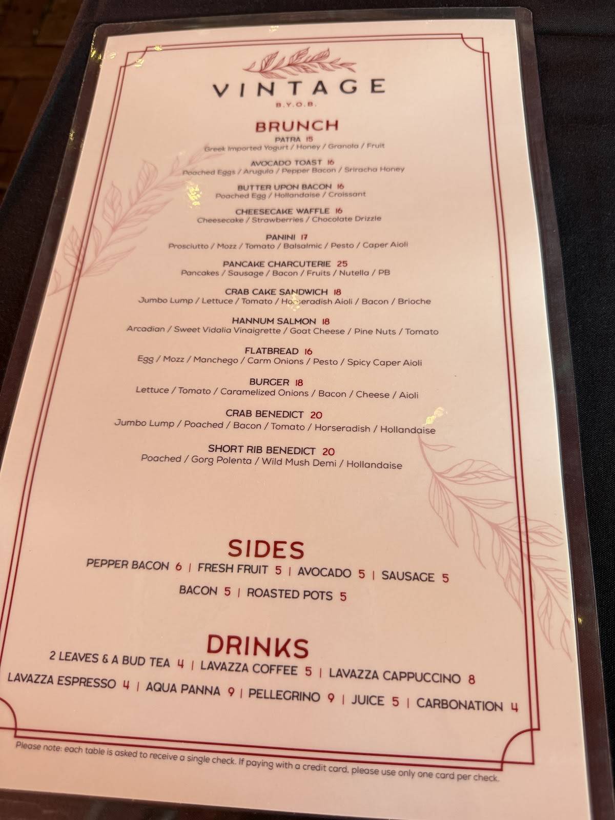 Menu at Vintage BYOB steakhouse, Cape May