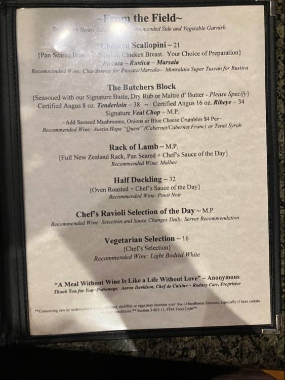 Menu at Vintage On 5th restaurant, Crystal River