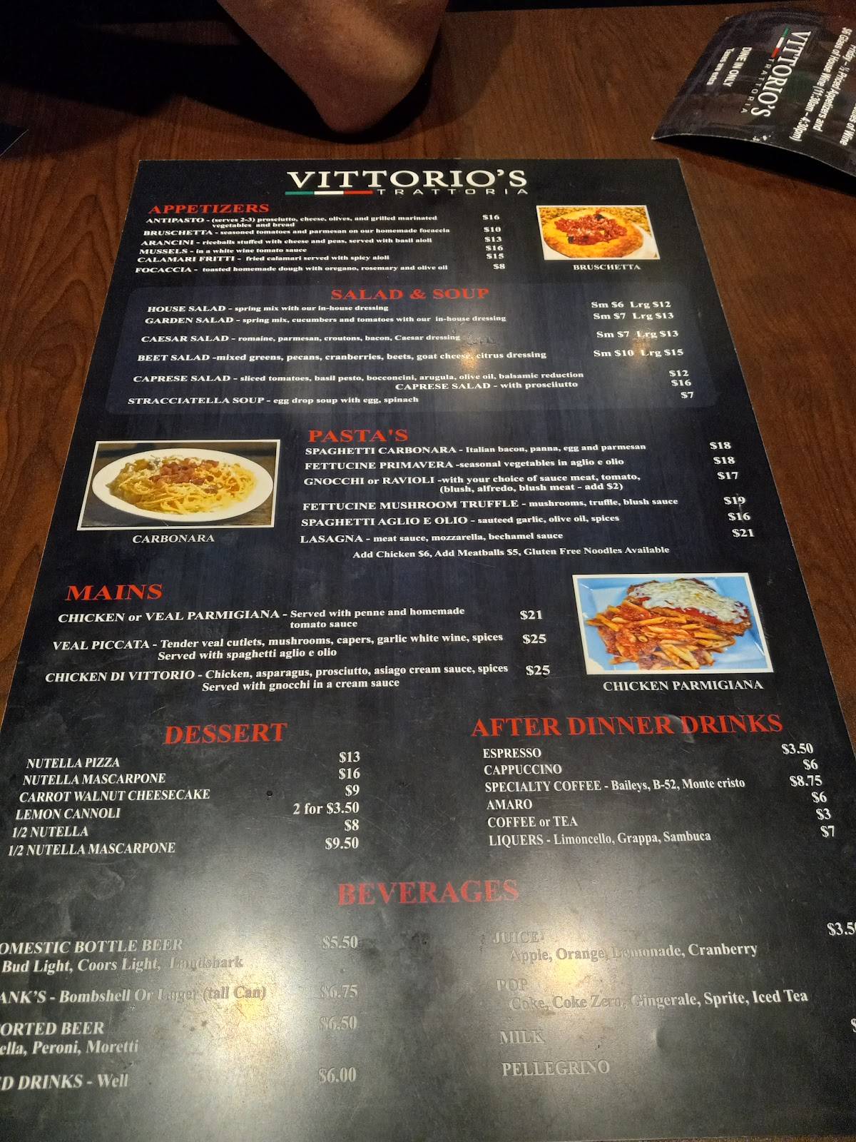 Menu at Vittorio's Trattoria pizzeria, Windsor